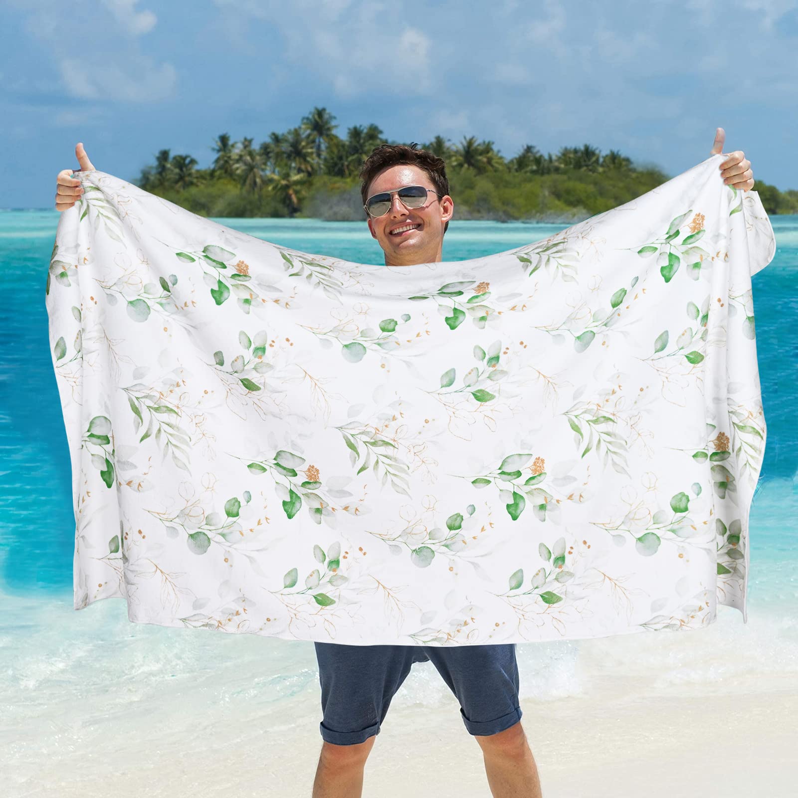 ASPMIZ 3 Pcs Towel Set with Beach Towels Oversized Clearance, Hand Towel, Dish Towel, Absorbent Microfiber Beach Towels for Adults, Summer Green Leaf Large Beach Bath Towel Quick Dry, 31x 59 Inch