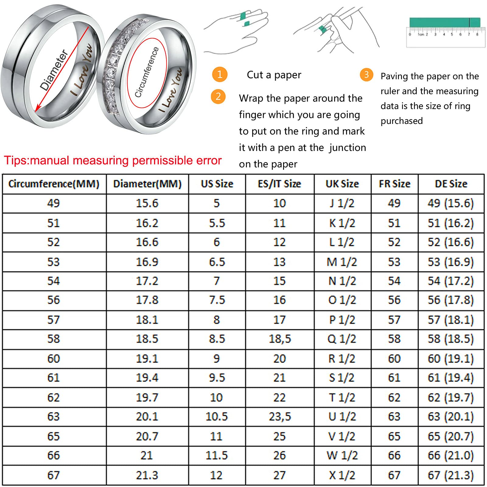 Aeici Silver Wedding Rings for Women, Size 9 Rings for Women Stainless Steel I Love You 6mm