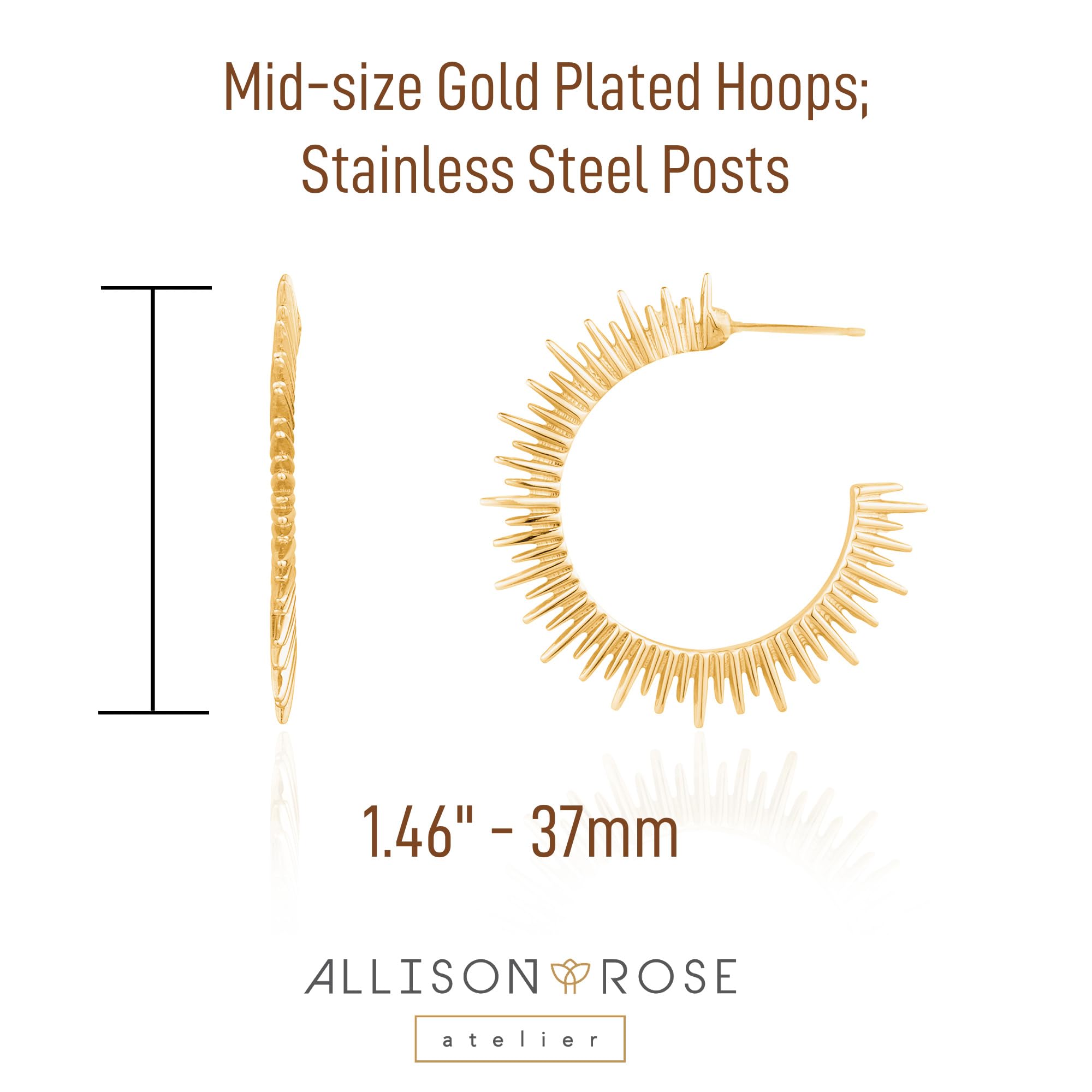 ALLISON ROSE ATELIER – Women’s Spike Earrings – 16k Gold Plated Open C Sun Hoop Earrings – Cool Earrings – Spike Hoops – Gold Boho Statement Earrings