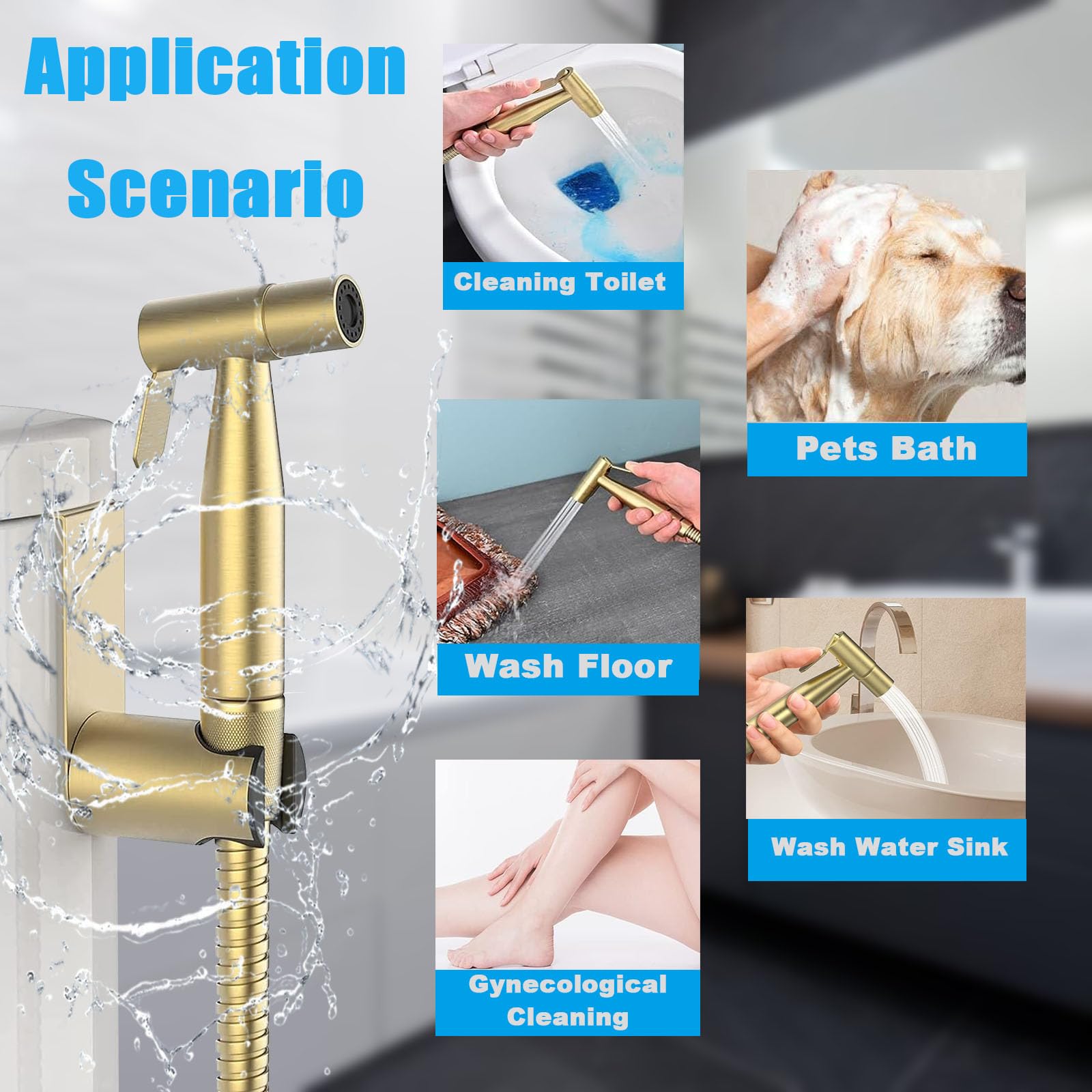 Handheld Bidet Sprayer Attachment for Toilet, Jet Sprayer Kit for Feminine Wash and Baby Diaper Cloth, Adjustable Water Pressure Control, Easy to Install, Gold, BELLEARLY