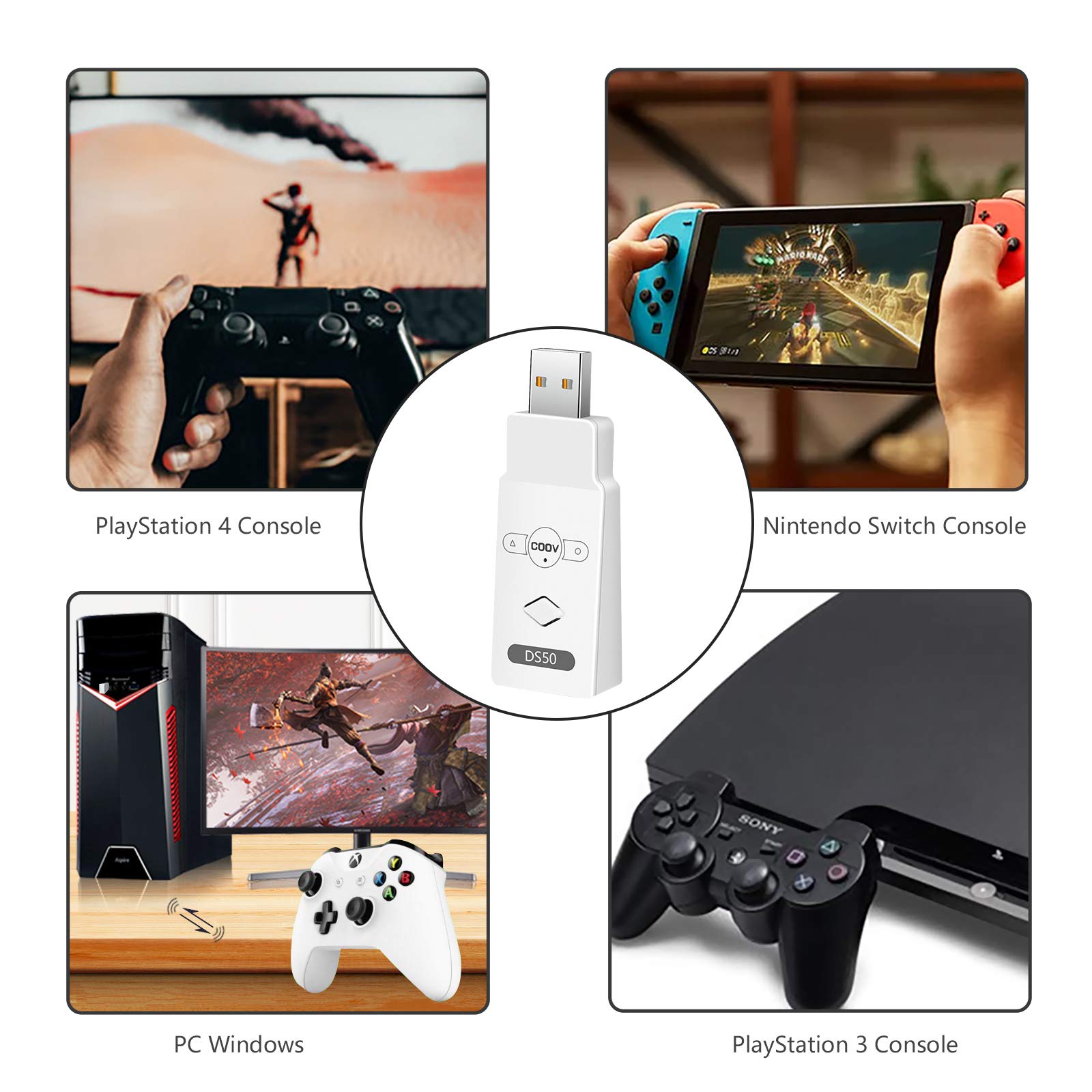 AKNES Wireless Bluetooth Controller Adapter, Converter for Nintendo Switch, PC Windows, PS4/PS3,PS Classic. Support PS5 DualSense Controller, Xbox One S Controller Wired Connection.