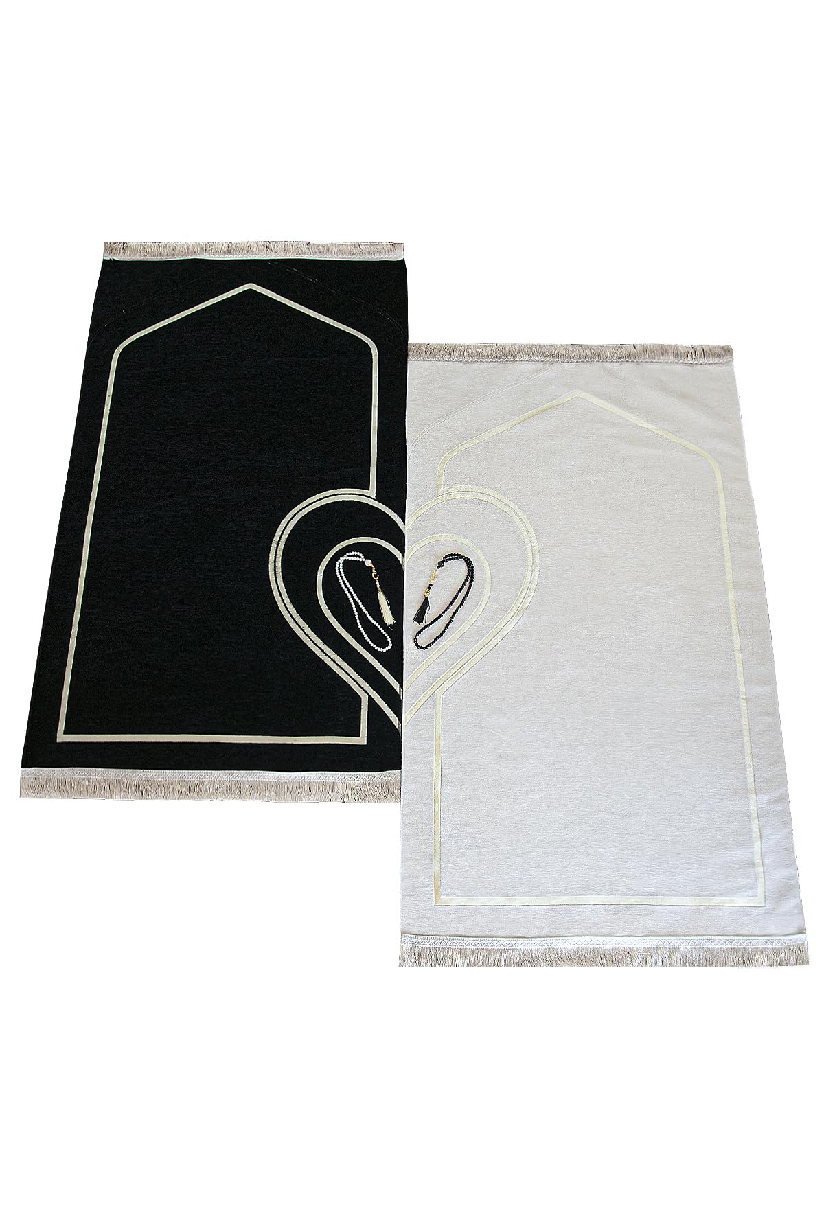 ihvan online, Muslim Prayer Rug for Couples, Praying Mat Set for Women & Men, Heart Patterned, Soft, Prayer Beads, Islamic Gifts for Ramadan Eid Valentines Day, Two Pieces, White-Black