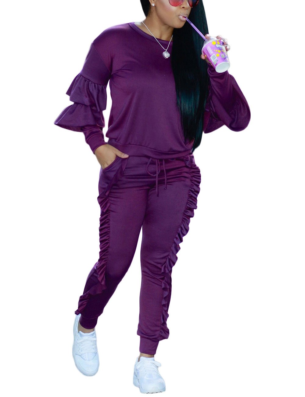 Akmipoem Casual Ruffle Two Piece Outfits Pullover Tops and Pants Jumpsuit Set for Ladies Purple XL