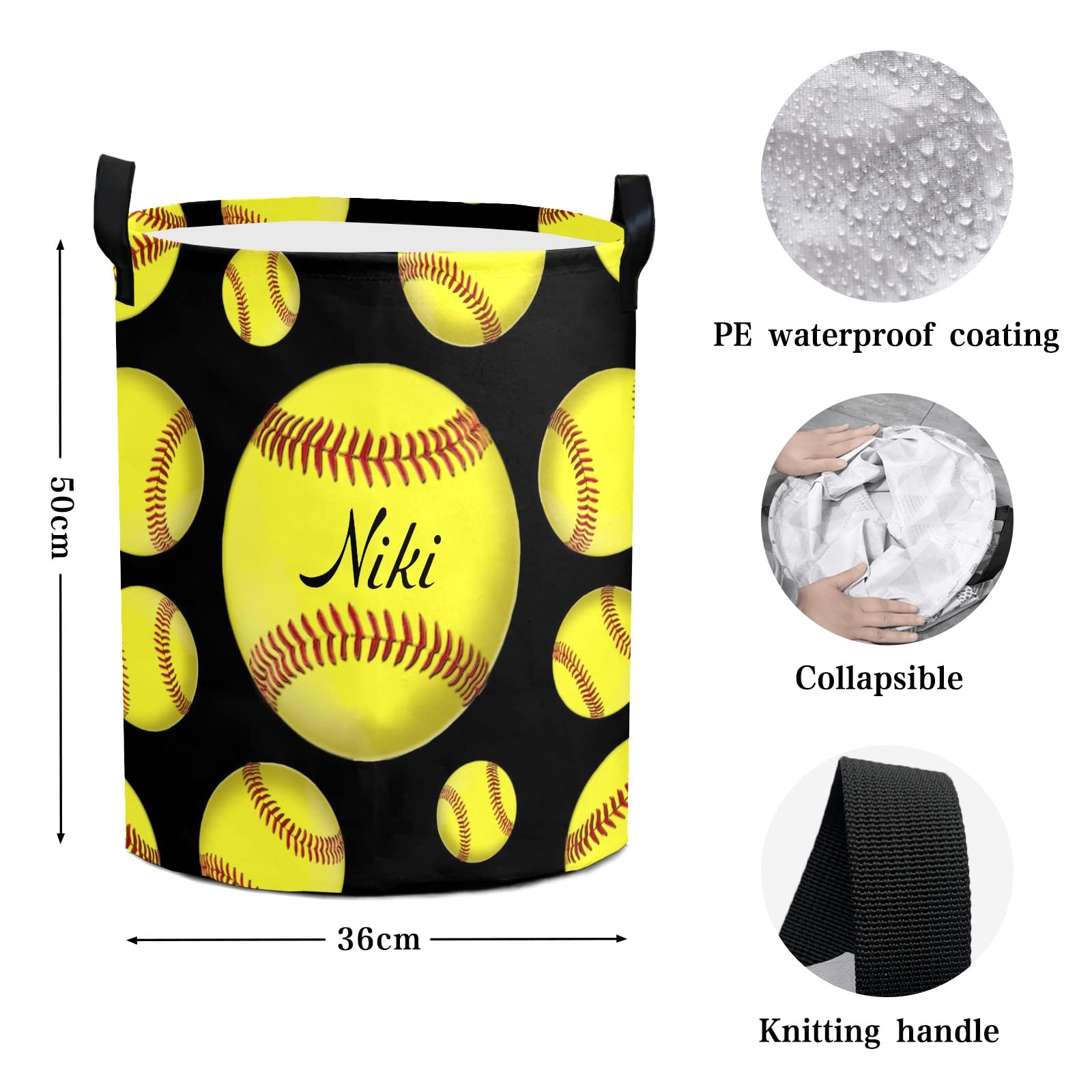 BigBigift Softball Pattern Round Laundry Basket Personalized with Name Waterproof Canvas Clothes Basket Laundry Hamper with Handles for Kids Room Bedroom Gift Baskets