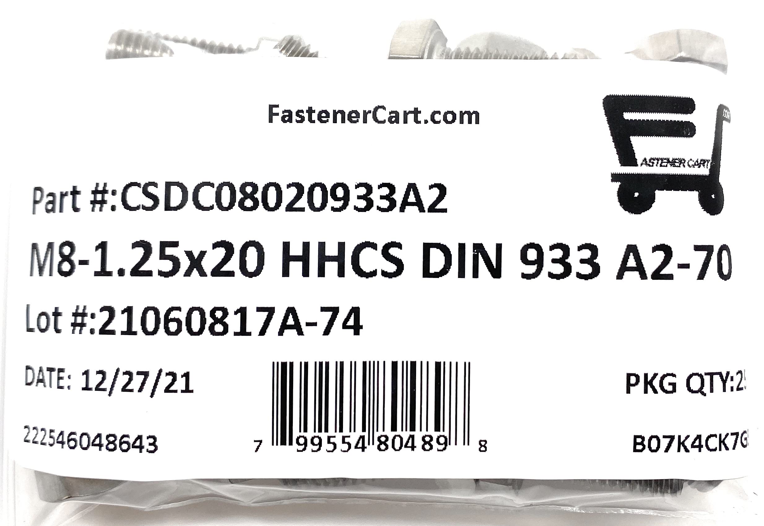 M8-1.25 X 20 Hex Head Cap Screw Hex Bolts DIN933 (M8x20) Full Thread A2-70 Stainless Steel (25 Pieces)