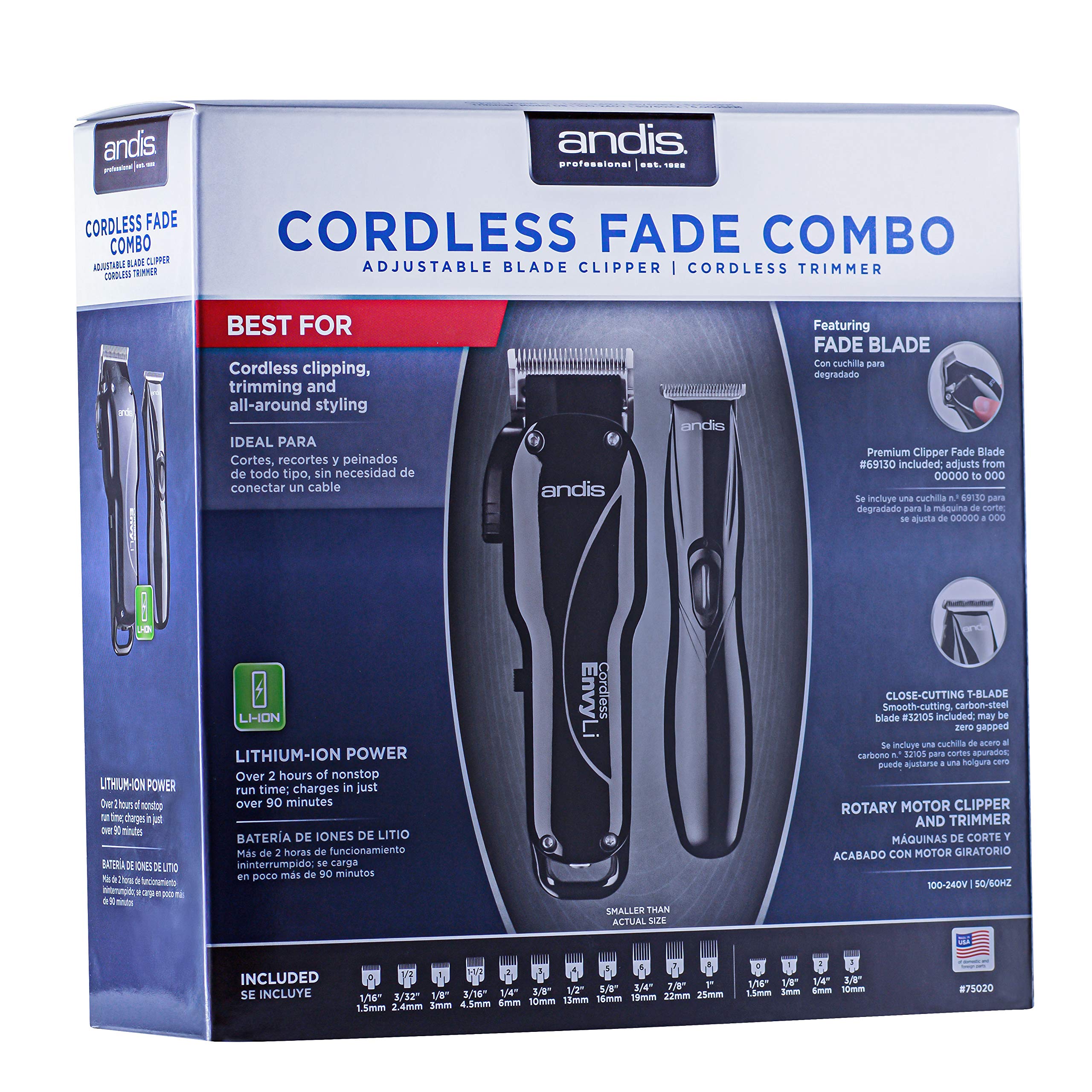 Andis Professional Cordless Fade Combo, Envy Lithium-Ion High-speed Adjustable Blade Clipper - Slimline Pro Li Cordless T-Blade Trimmer (75020) - Bundled with KEPSE Neck Duster
