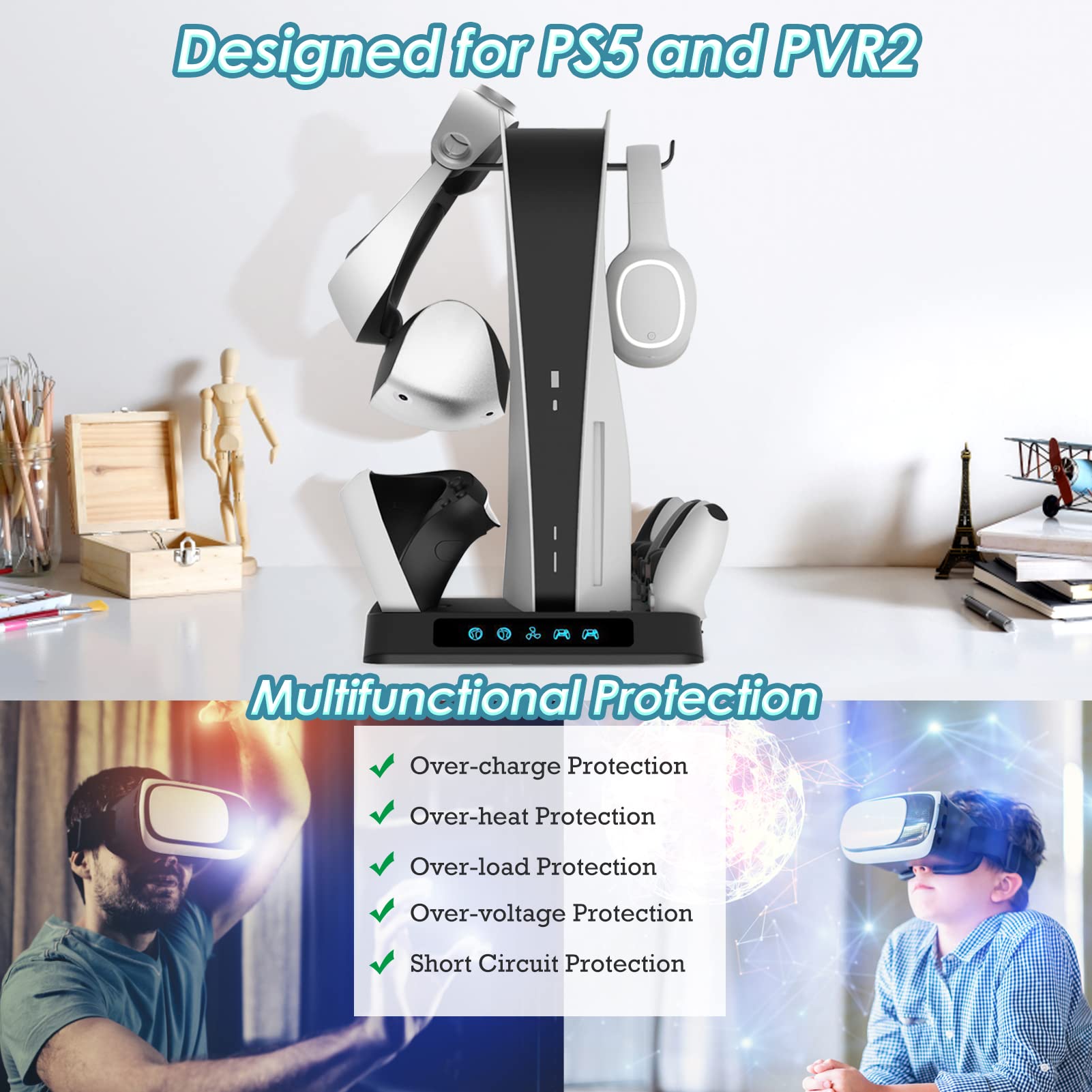 Augot Latest Charging Stand for PS5 and PSVR2 Multi-Functional Vertical Stand with Cooling Fan and Dual Controller Charging Station, Charge, Cool, Showcase and Display Your PS5 PSVR2, Born for Games