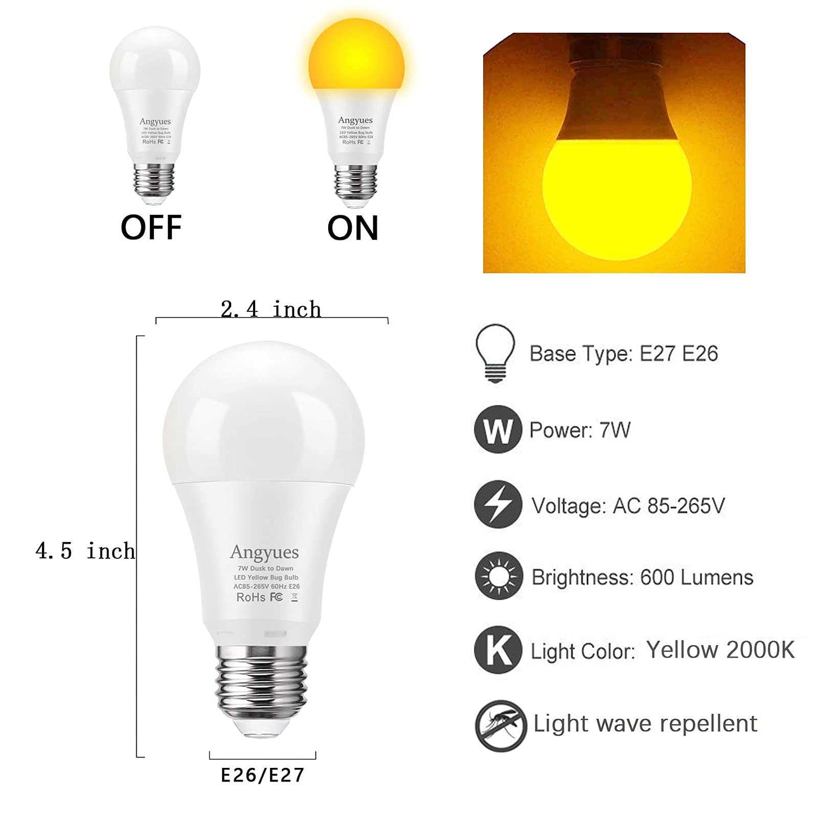Angyues Yellow Bug Light Bulbs Outdoor, Dusk to Dawn LED Bug Light Bulbs 7W Sensor Bulb 2000K Amber Glow, E26 Automatic On/Off, Used in Corridors, Decks, Courtyards, Terraces, etc, 4 Pack