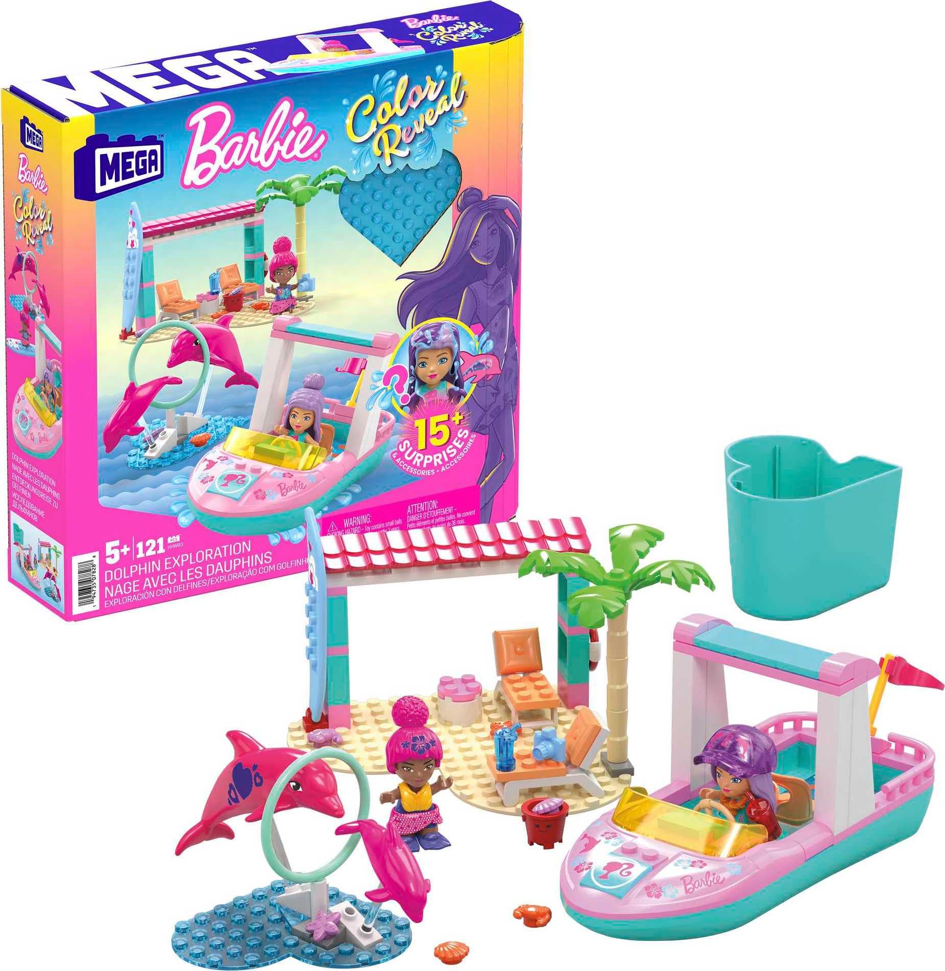 MEGA Barbie Color Reveal Building Toy Playset, Dolphin Exploration with 121 Pieces, 15 Surprises and Accessories, Kids Age 5+ Years