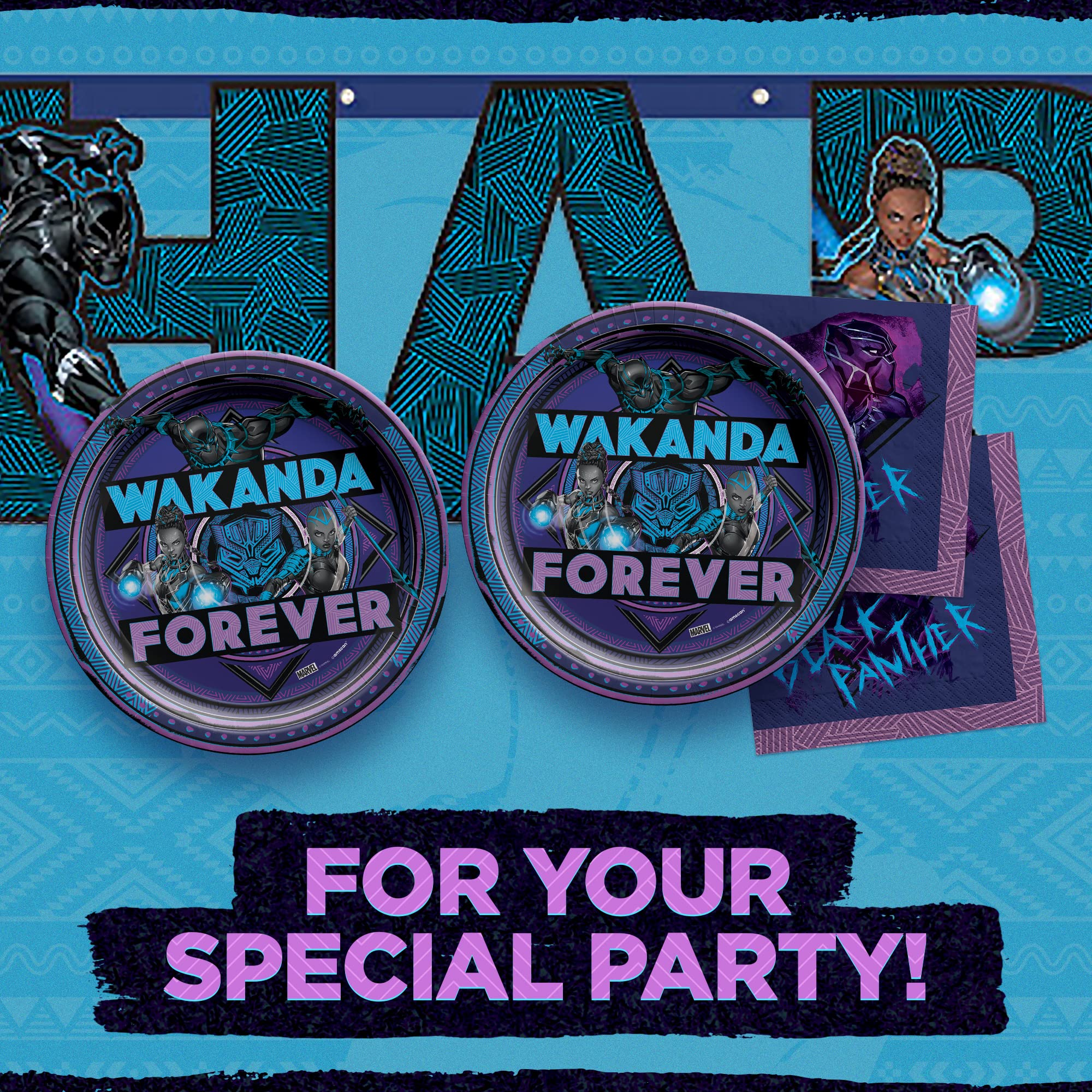 amscan Black Panther Wakanda Forever Dinnerware Bundle - 8 Purple Blue Dinner Plates (9"), 16 Luncheon Napkins (6.5"), Happy Birthday Banner 10 Ft - Decorations Supply Set Bulk Paper Marvel Theme