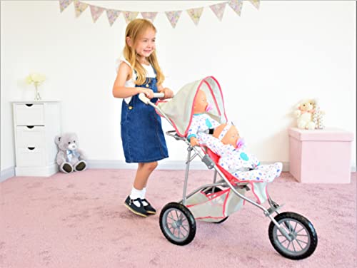 KOOKAMUNGA KIDS Baby Doll Stroller Deluxe Double | Foldable Twin Jog Pram | Retractable Canopy | Premium Pink & Gray Fabric | Soft Grip Handle | Storage Basket Underneath