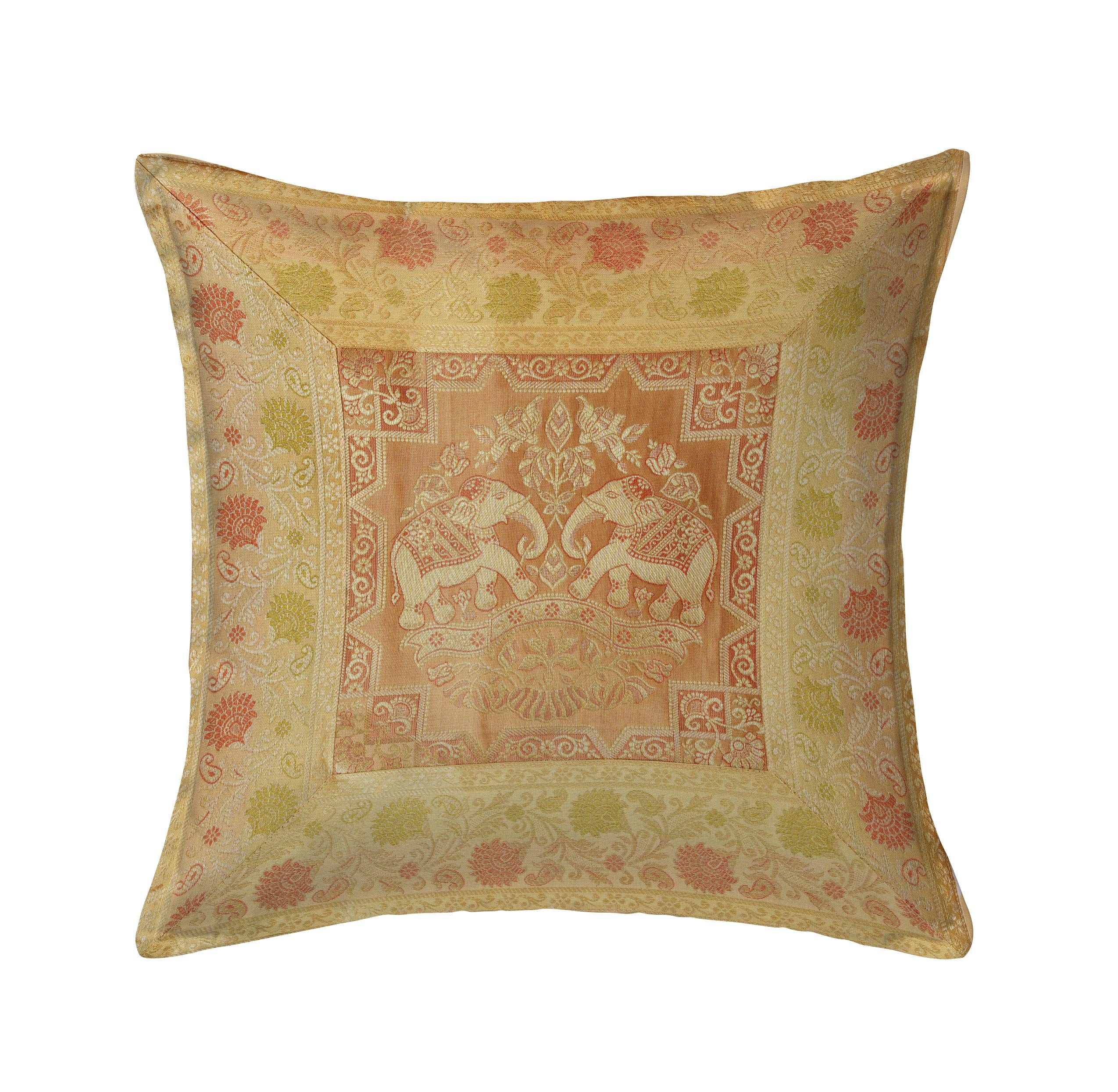 ANJANIYA Set of 4 17x17 inch (43x43 cm) Elephant Banarsi Silk Indian Ethnic Bohemian Decorative Cushion Cover Handcrafted Patchwork Sari Throw Pillow Boho Decor Cushion Covers (Double Elephant)