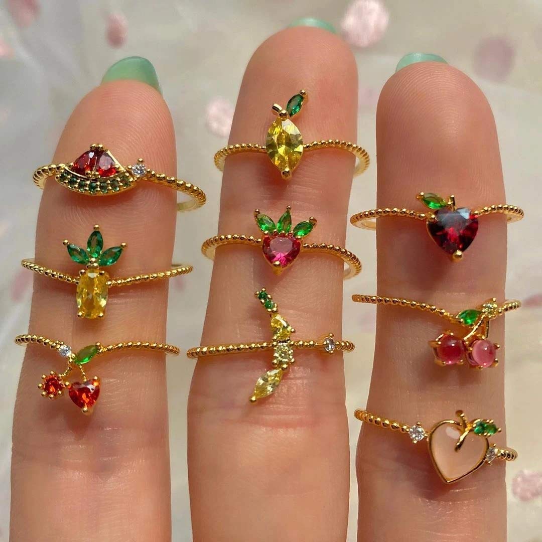 AOEDEJ 14K Gold Plated Fruit Rings Set Cute Stackable Tropical Fruit Pineapple Apple Cherry CZ Ring Sweet Cute Band Rings for Women