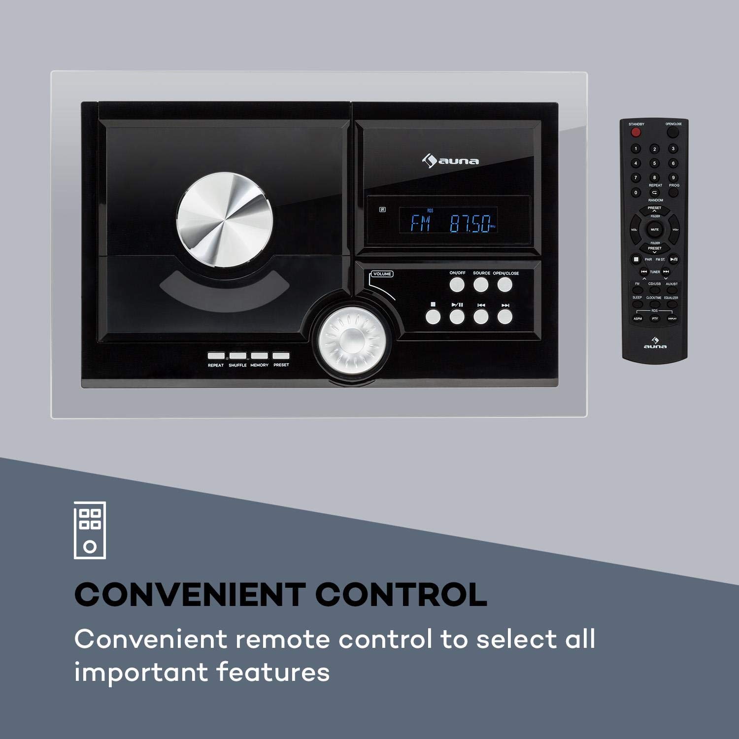 AUNA Stereosonic Microsystem, Shelf Stereo System, Micro System, 2 Stereo Speakers, Front-Loading CD Player, FM Tuner, Bluetooth, Wireless Connection, USB Port, Incl. Remote Control, Black