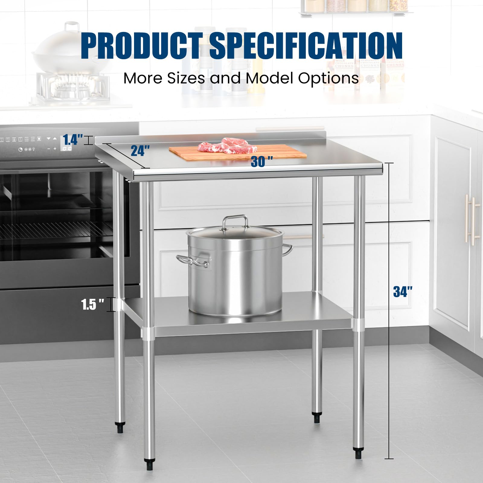 Chingoo Stainless Steel Table 24 x 30 Inches Metal Prep Table with Backsplash & Adjustable Undershelf, Stainless Table for Commercial Kitchen, Outdoor, Restaurant, Hotel & Garage