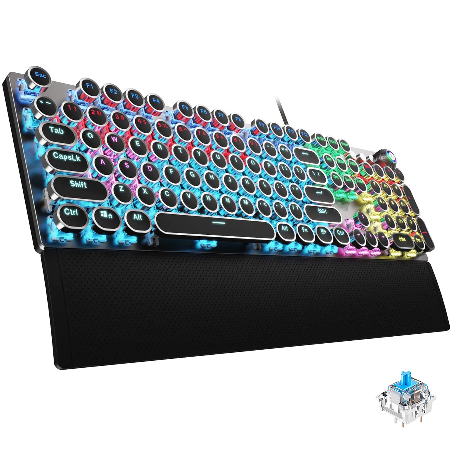 AULA L2058 LED Backlit Mechanical Gaming Keyboard, Retro Steampunk Round Keys, Brown Switches, Magnetic Wrist Rest, Media Control Knob Buttons