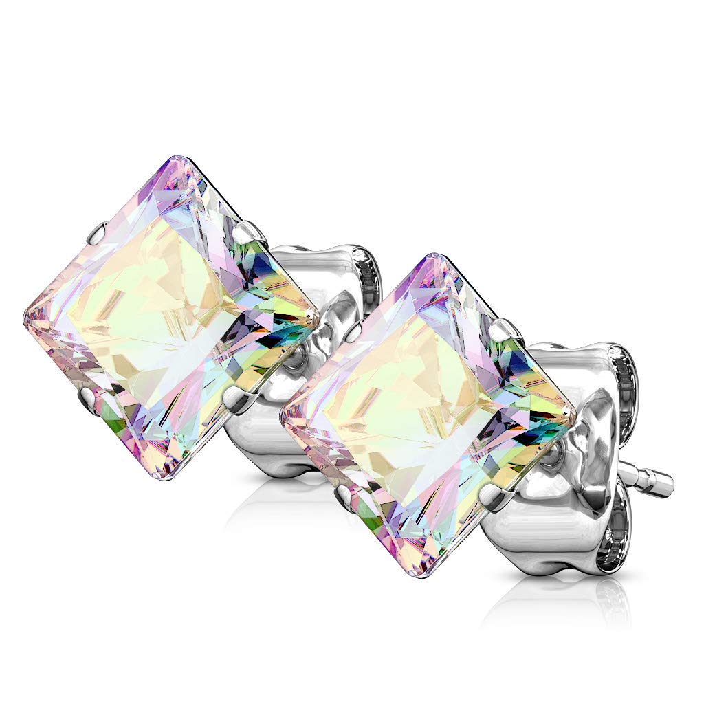 Amelia Fashion 22GA Pair Princess Cut Square Aurora Borealis CZ Earring Studs 316L Surgical Stainless Steel (4mm Aurora Borealis)