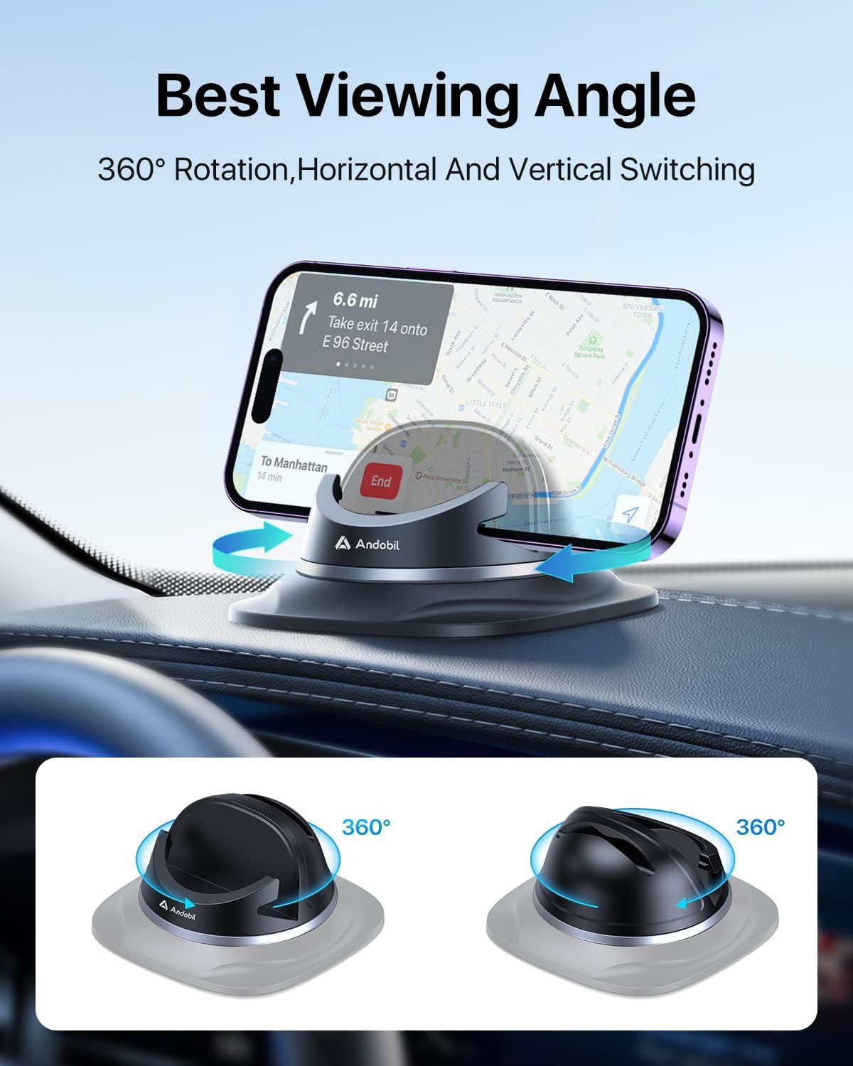 andobil Newest Car Phone Holder Mount, Stable & Silicone Phone Mount for Car, 360° Rotatable Dashboard Cell Phone Holder, Car Phone Stand Compatible with iPhone 15 Pro Max/14/13/12, Samsung S24/23/22