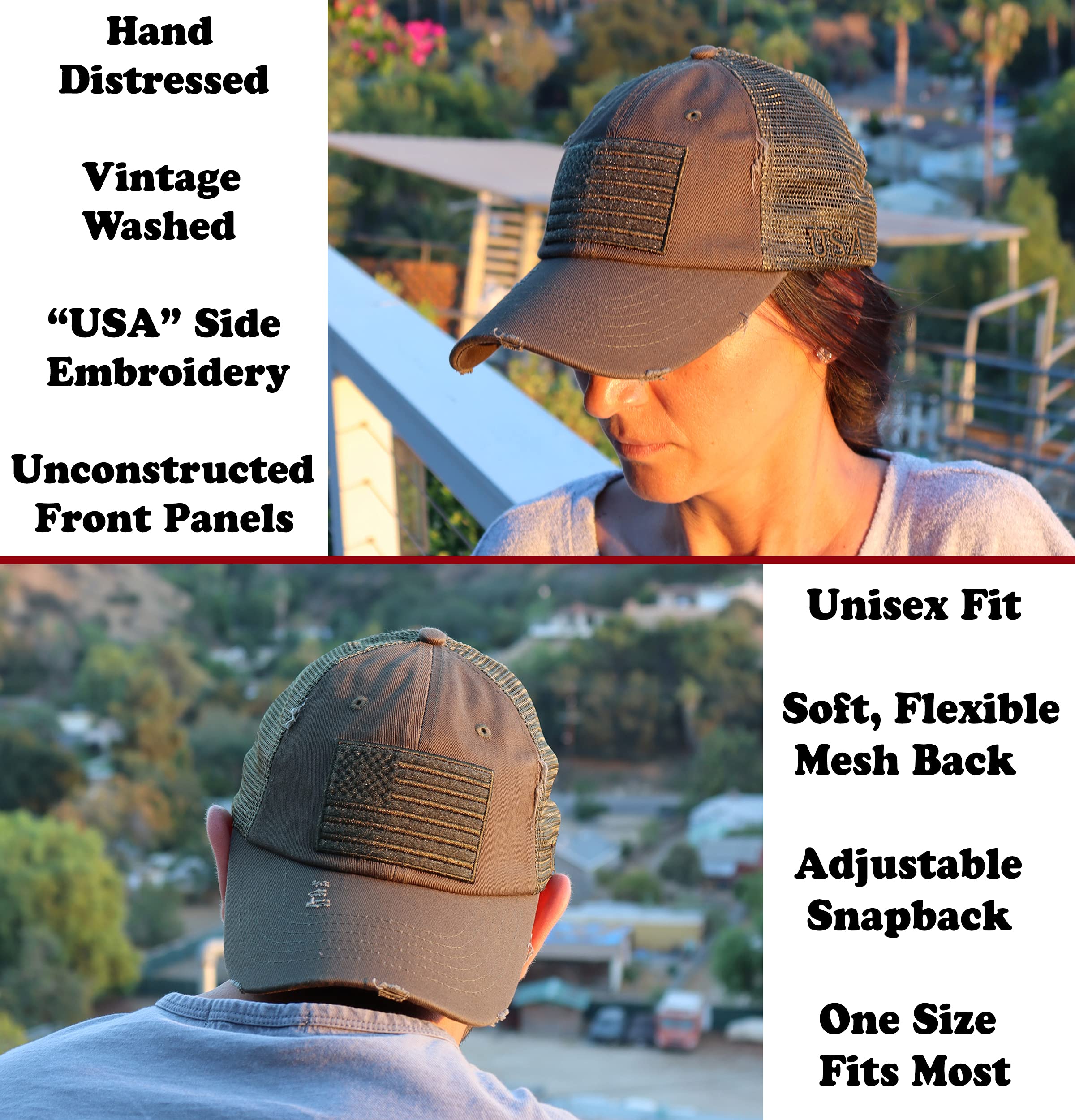 Antourage American Flag Unconstructed Hat for Men and Women Twill Mesh Snapback Baseball USA Flag Cap + 2 Patriotic Patches ((02) Olive Distressed Mesh Snapback)