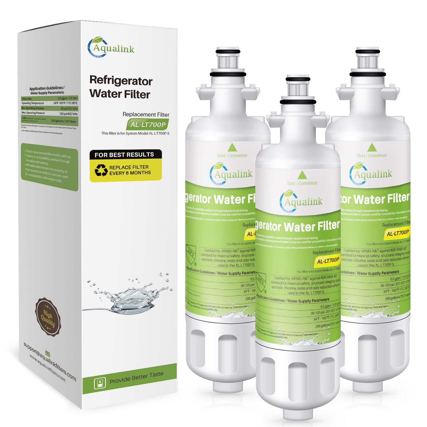 AQUALINK LG LT700P Replacement for ADQ36006101Refrigerator Water Filter, Kenmore 9690, 469690, ADQ36006102, LFXS30766S, RWF1200A Water Filter with Fresh Air Filter, 3 PACK