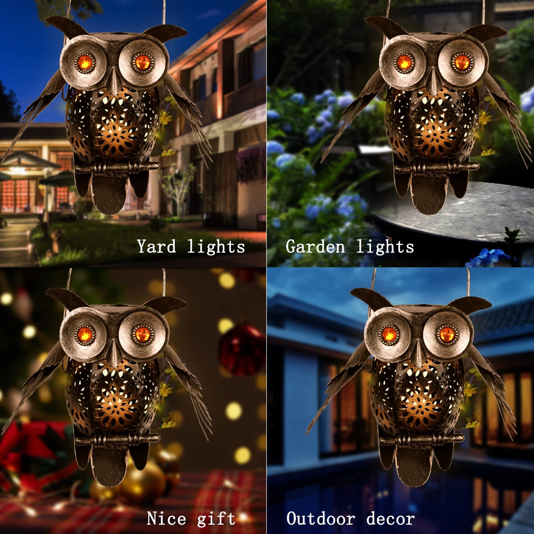 JCWH Fake Owl Solar Light,Auto On-Off Black Metal Waterproof,Animal Statue Decorative with Sheep Hook for Garden Backyard