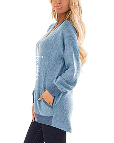 AELSON Womens Faith Letter Printed Top Blouse Color Block Crewneck Loose Pullover Sweatshirts with Pocket Blue