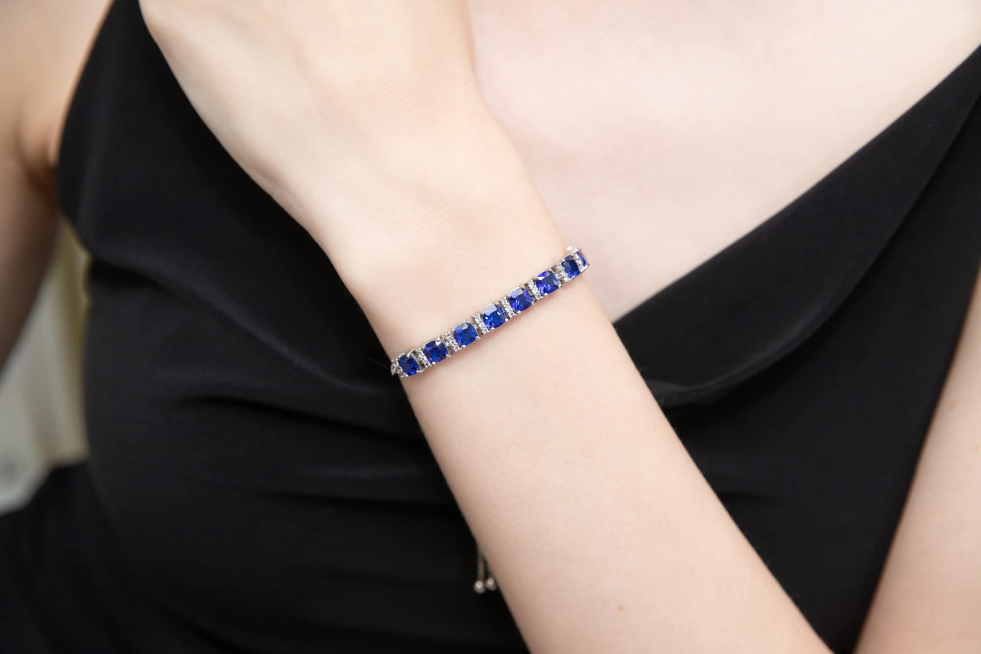 B. BRILLIANT Sterling Silver Created Blue Sapphire & White Topaz Cushion-Cut Adjustable Tennis Style Bolo Bracelet for Women