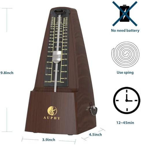 AUPHY Mechanical Metronome with Accent Bell, Classic Shape, Accurate Beat, Multiple Beat Modes, Suitable for Piano Guitar Drums Violin Saxophone etc(Wood Grain)