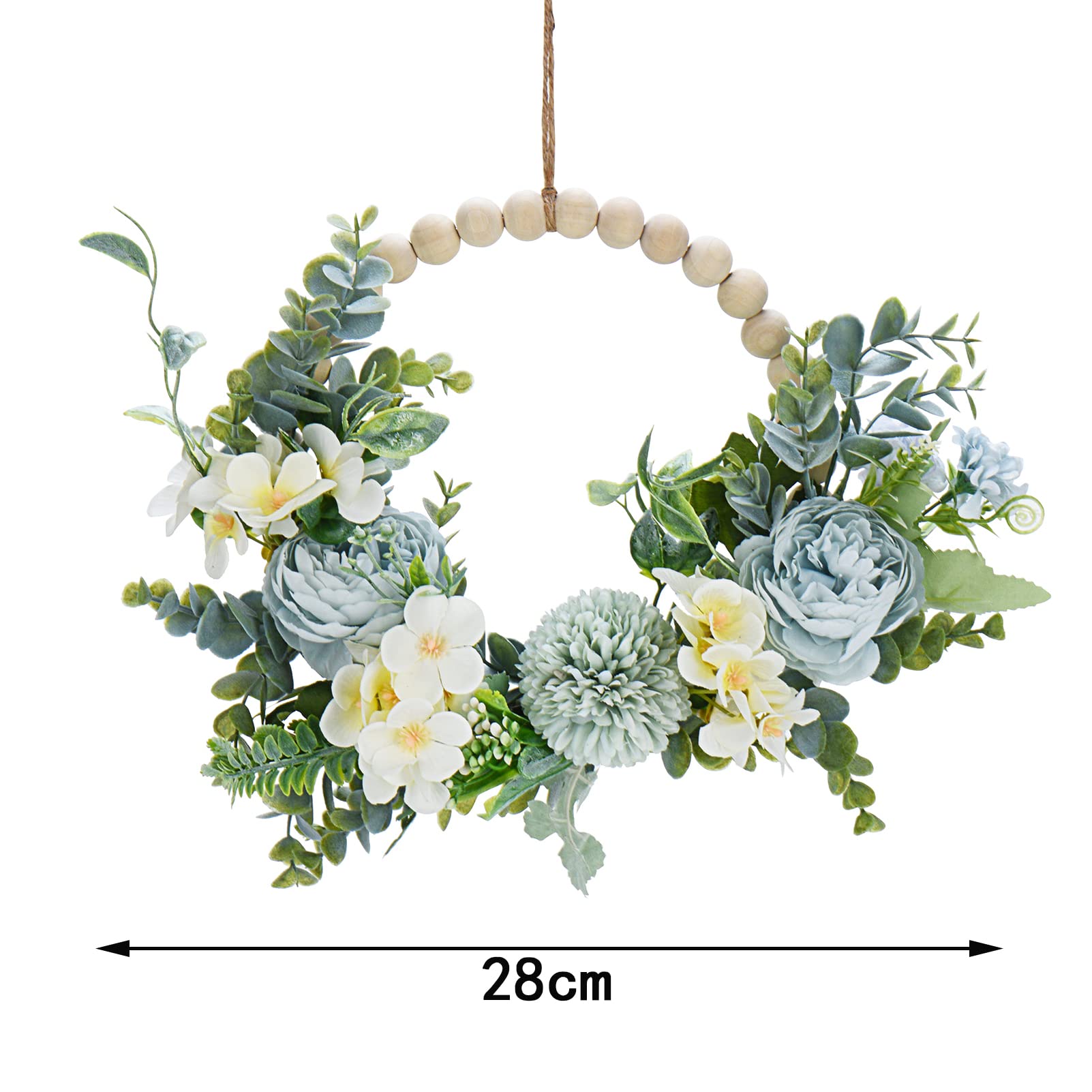 Artificial Flower Wreath,Wood Beads Peony Wreath, Indoor/Outdoor Farmhouse Wreaths for Front Door Decor