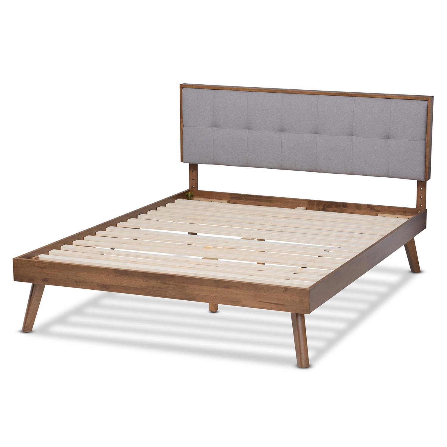 Baxton Studio Alke Mid-Century Modern Light Grey Fabric Upholstered Walnut Brown Finished Wood Queen Size Platform Bed