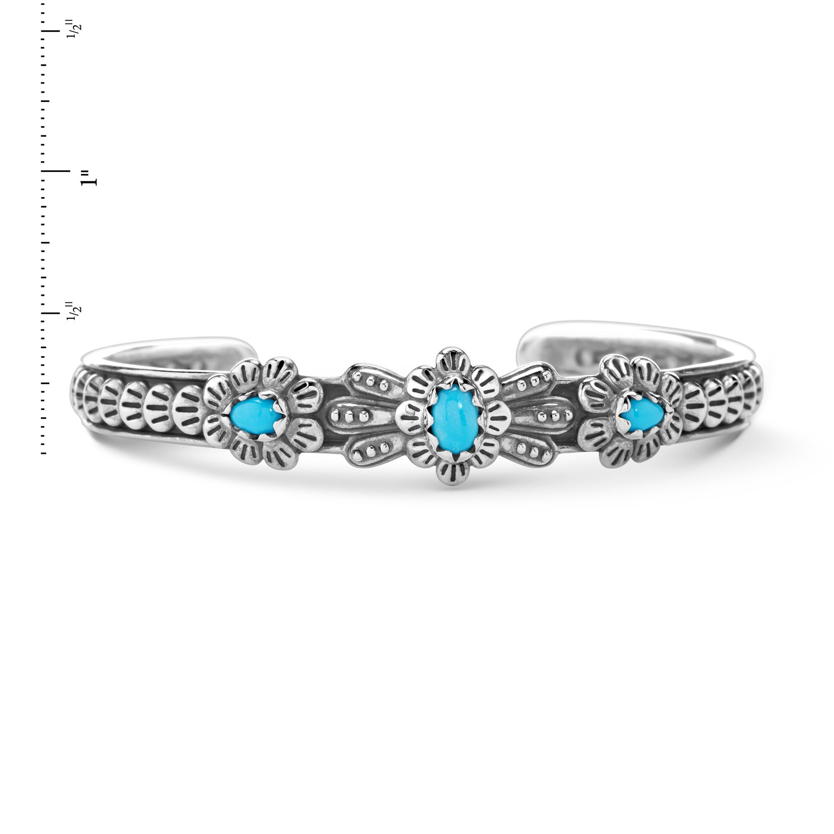 American West Sterling Silver Women's Cuff Bracelet Sleeping Beauty Turquoise Gemstone Flower Concha Design Size Small