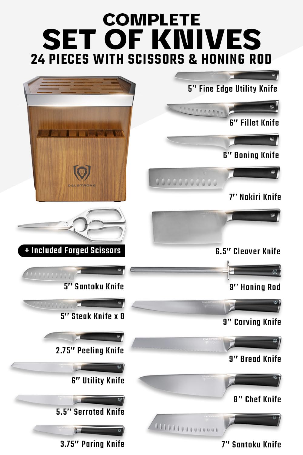DALSTRONG Vanquish Series-24pc Stainless Steel Knife Set with Block and Kitchen Scissors-Forged High Carbon German Steel-Gift Knife Set w/POM Black Handle-NSF Certified