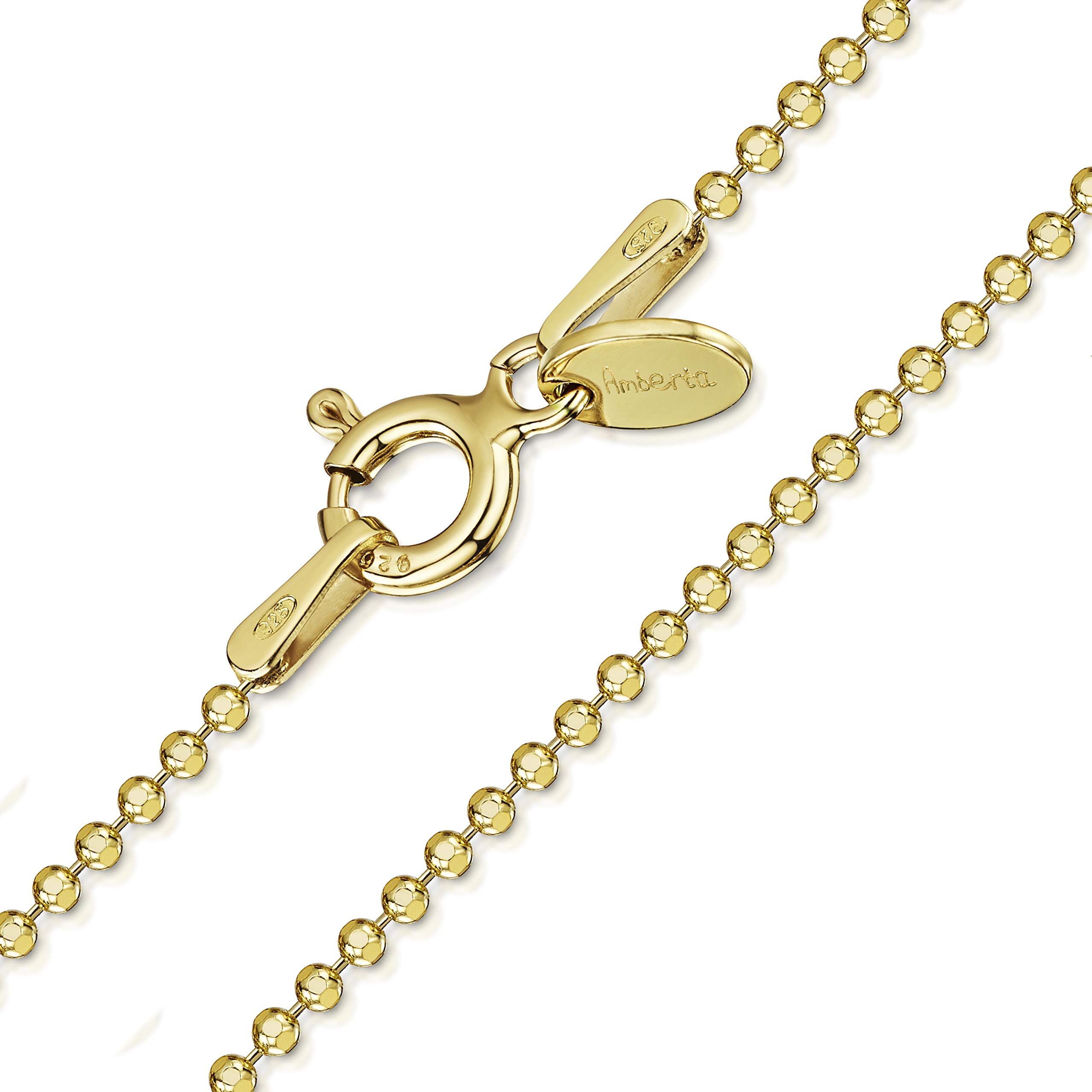 Amberta 18K Gold Plated on Sterling Silver 1.2 mm Ball Bead Chain Necklace Size: 16 18 20 22 24 28 inch / 40 45 50 55 60 70 cm (20inch/50cm)