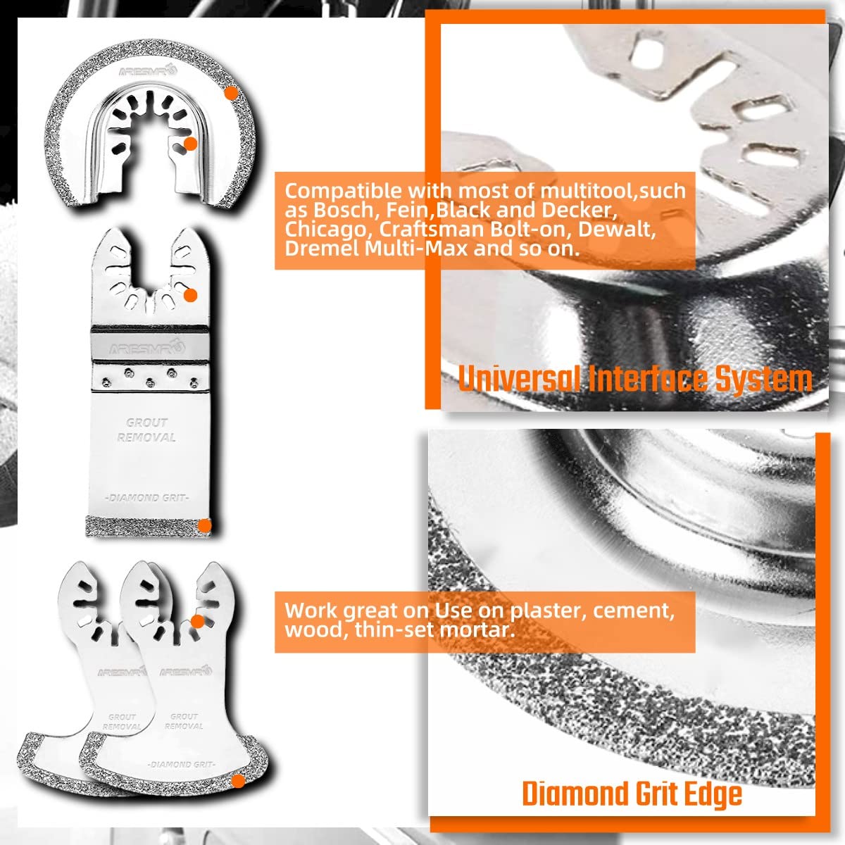 ARESMRO Diamond Oscillating Tool Blade Set, Multi Tool Mortar Cutting Saw Blades Precise for Grout Removal and Soft Tile Cut, 4-Pack