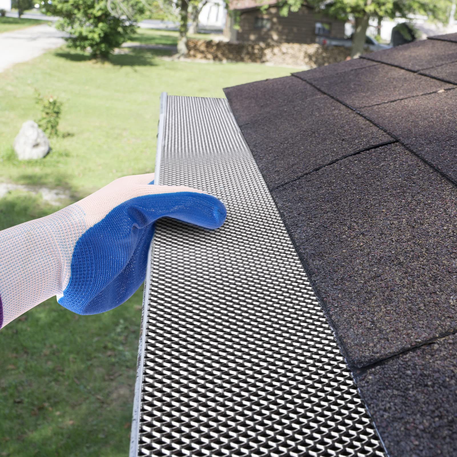 Aoibrloy Gutter Guard, Aluminum Square Hole Gutter Leaf Guard with Gloves, Rain Gutter Guard for Leaves Twigs, Branches, 6 Inch x 50 Ft