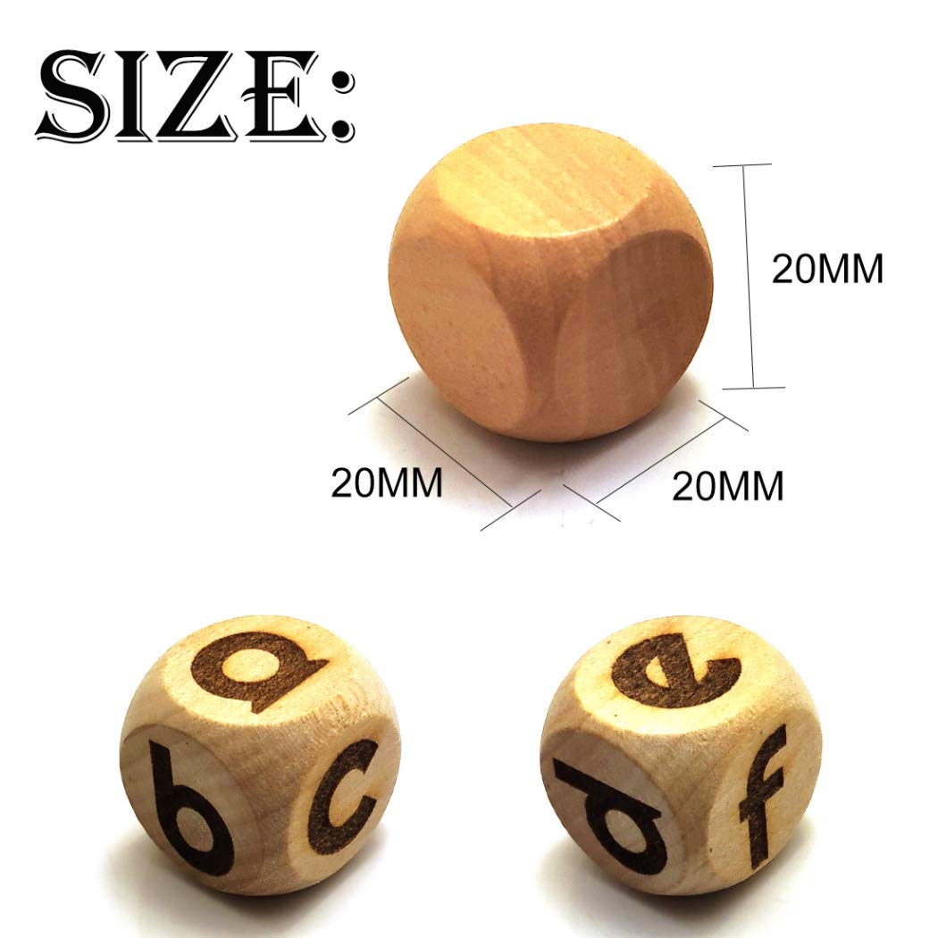 Hometu Creative 20MM 6-Sided Game Dice Set (6Pcs Identical Dices) Wooden Letter Pattern Dices Laser Engraved Rolling Decider for Party Playing Games