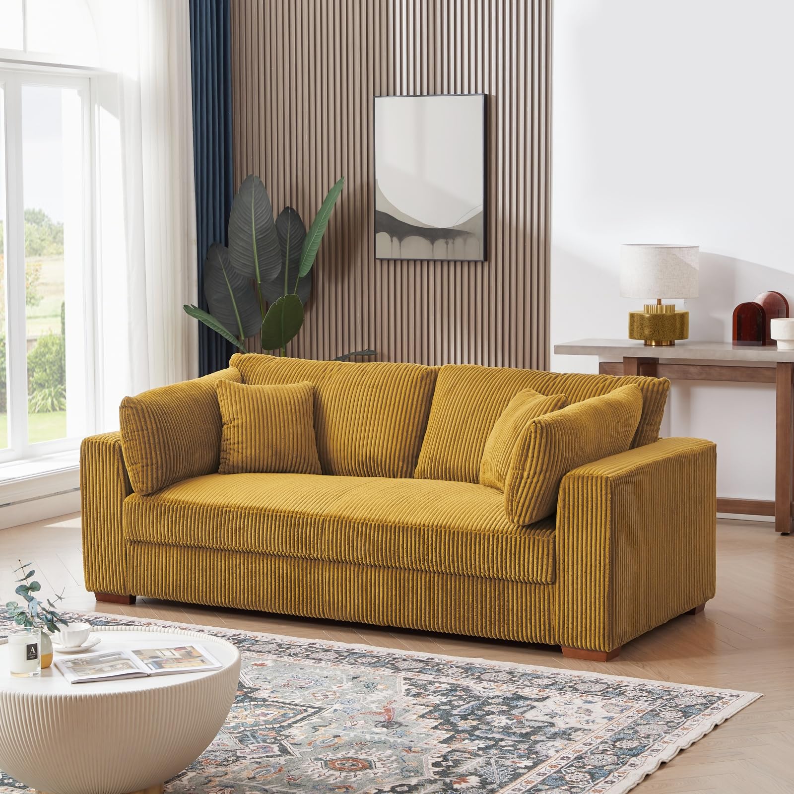 Chorlenimi Modern Upholstered Sofa, Soft Corduroy Fabric 3 Seater Small Couch with Armrest, 4 Pillows, Removable Back and Seat Cushions for Living Room and Bedroom (Yellow)