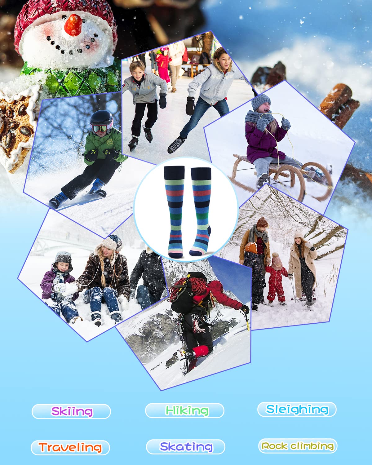 ALLWIN High Kids Ski Socks Skiing Snowboard Socks for Boys and Girls, Cold Weather Skating Outdoor Socks (M, Pattern pink+blue)