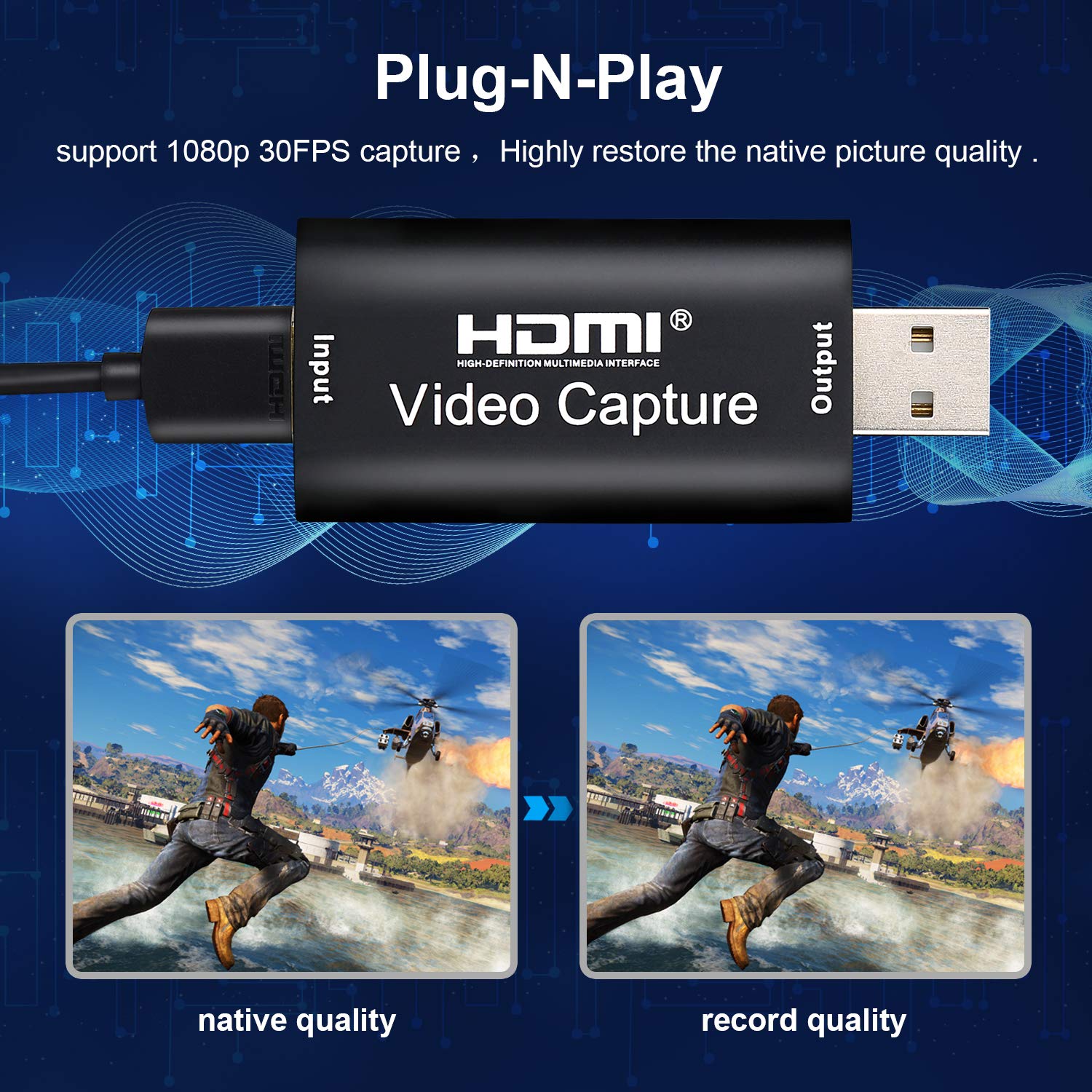 Audio Video Game Capture Card HDMI to USB 2.0 1080p Video Recorder Live Streaming for Gaming, Streaming, Teaching, Video Conference Compact HDMI Video Capture Device