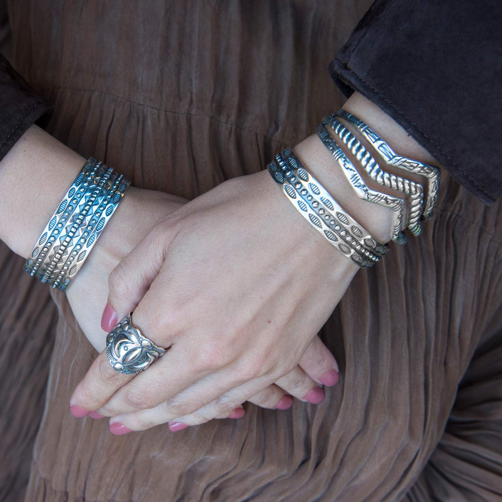 American West Sterling Silver Native Motif Triple Chevron Cuff Bracelet Size Large
