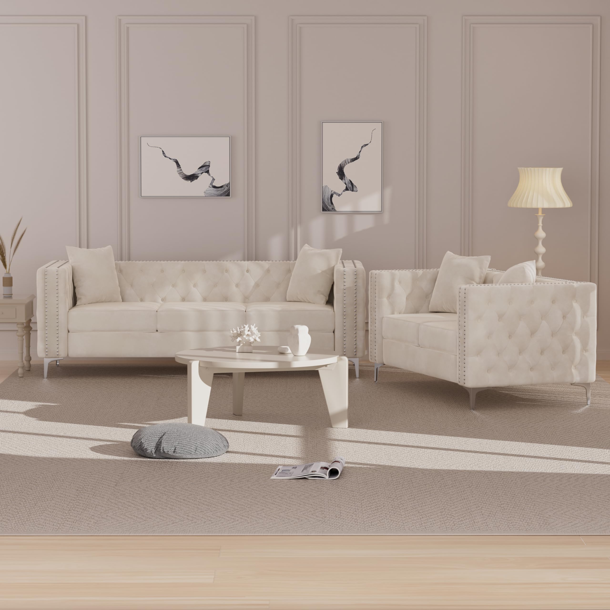 Morden Fort Loveseat Sofa, 61“Beige Mid-Century Couch with Button Tufted and Nailhead Trim and Iron Legs for Living Room, Apartroom, Bedroom, Office