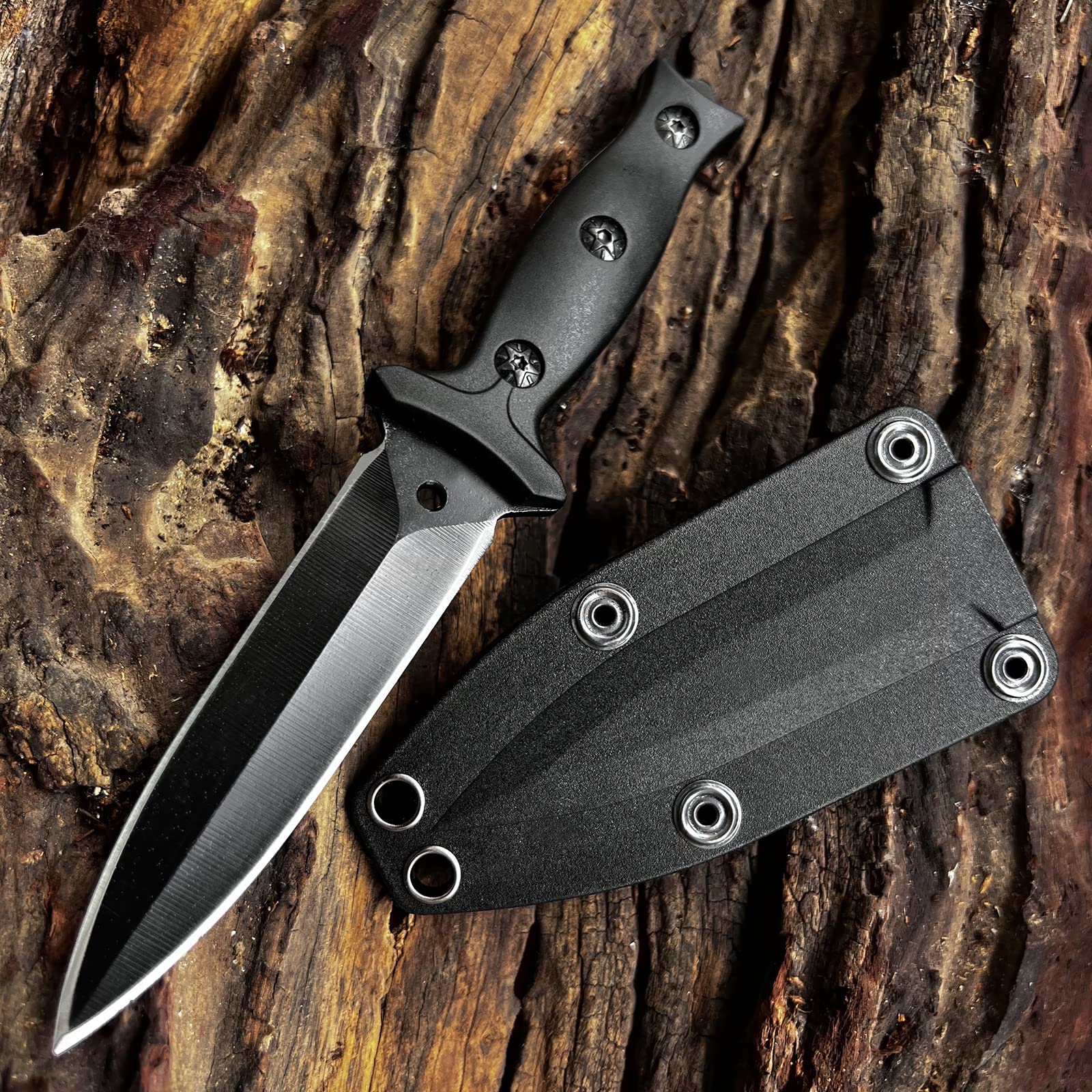 AULAKNIV Double Edge Fixed Blade Full Tang Tactical Knife with Sheath, Glass Breaker, Dual Edge Camping Survival Hunting Knives for Men