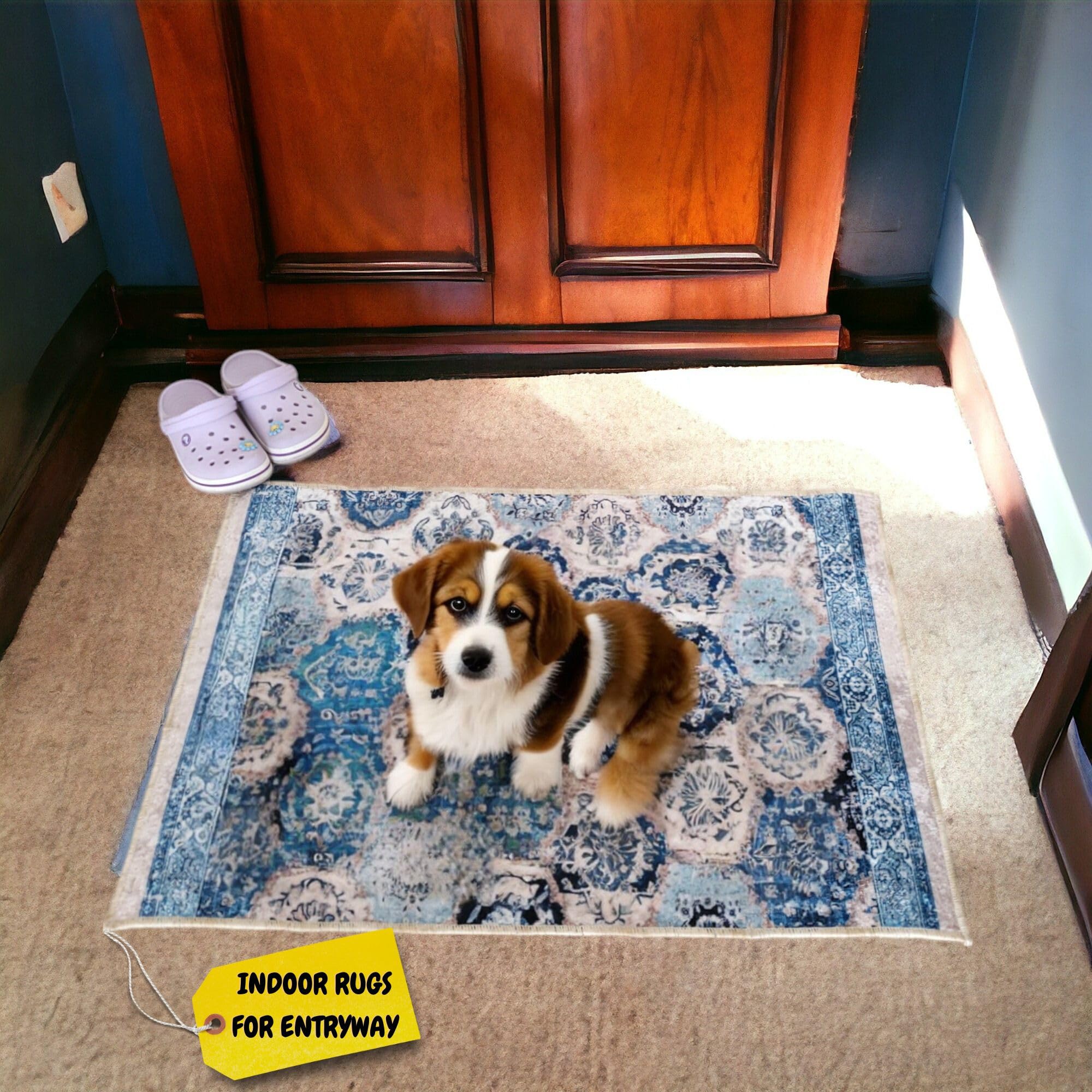 Candymosa Boho Trellis Area Rug, 2x3 Entry Rug Non-Slip Washable Indoor Door Mat, Ultra-Thin Oriental Accent Throw Rug for Kitchen Entryway Bathroom (Pet Friendly) - (Blue, 2'x3')