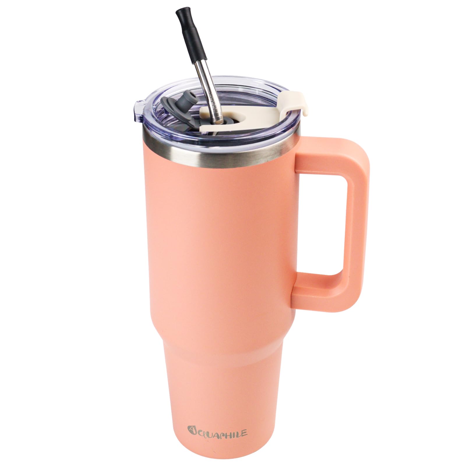 AQUAPHILE 40 oz Insulated Tumbler with Handle, Stainless Steel Travel Mug with Lid and Straw, Double Wall Vacuum Leak Proof Portable Coffee Tumbler, Thermal Cup for Car, Camping, Outdoor(Peach Pink)