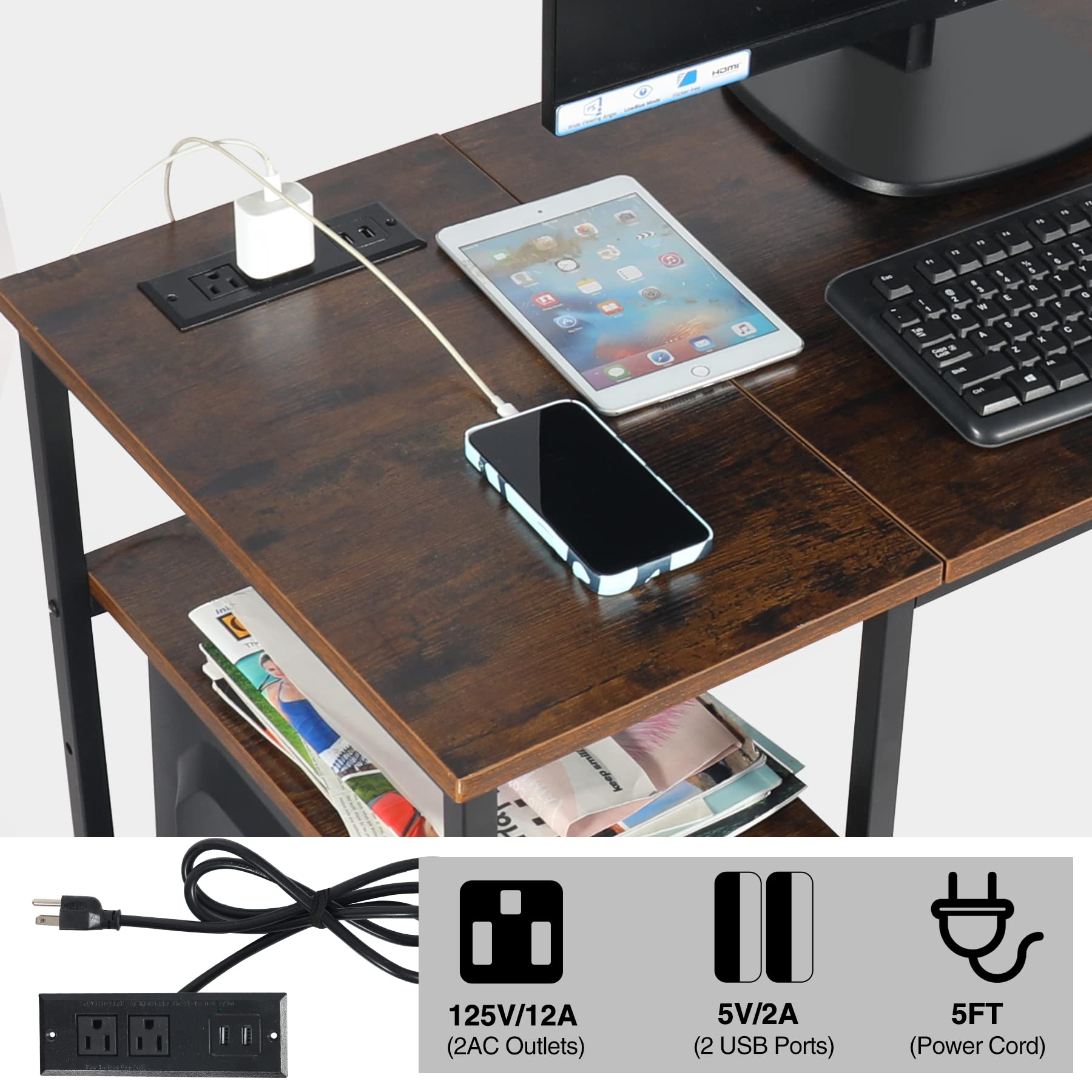AKVOMBI 47 Inch Computer Desk with Adjustable Shelves & Power Outlet, Small Writing Desk for Small Spaces, Industrial Home Office Desk with USB Port, 2 Hooks, Rustic Brown