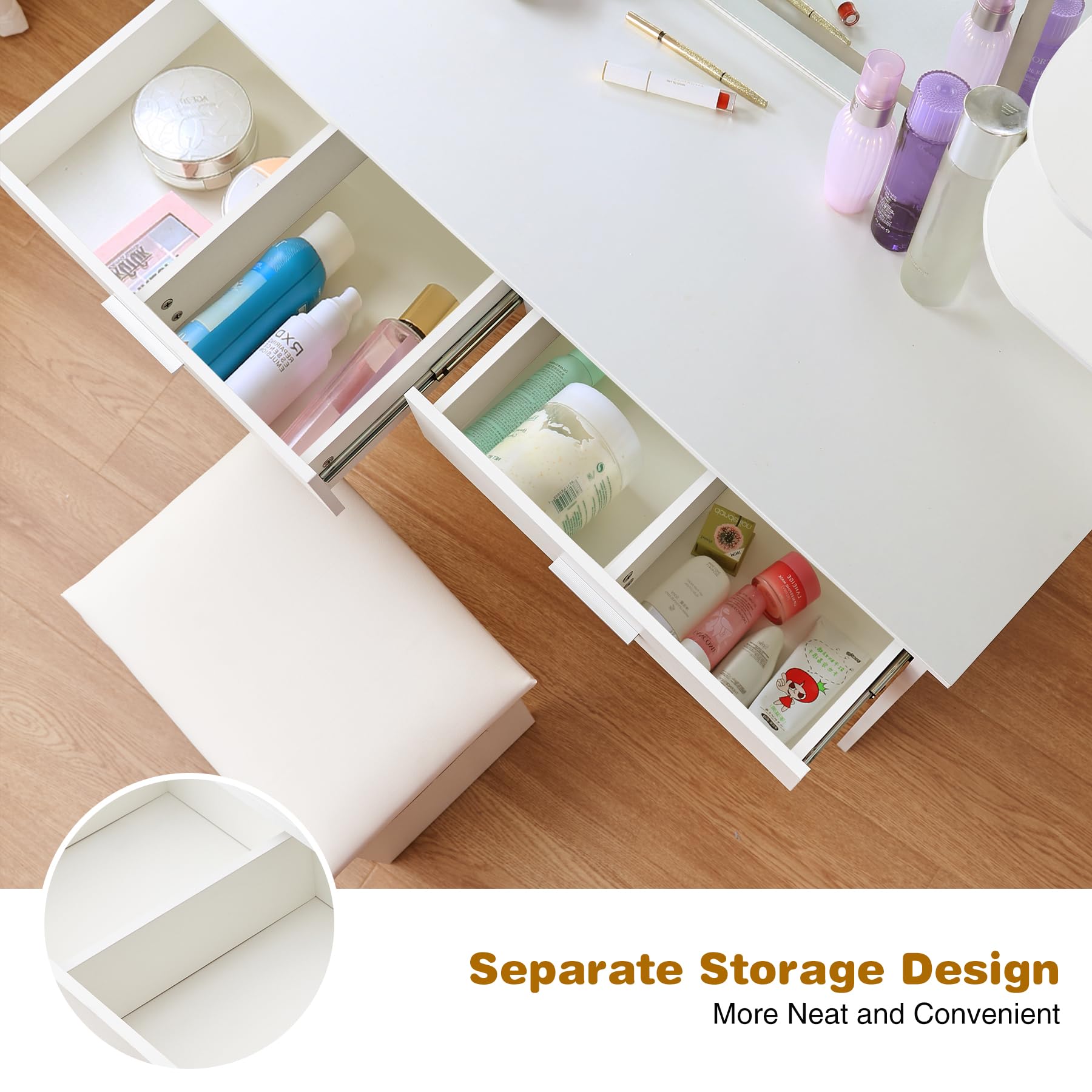 AKVOMBI Corner Vanity Desk with Lighted Mirror, Makeup Vanity with 5 Rotating Drawers, Dressing Table and Chair,3-Fold Mirror, Adjustable Brightness, White 43β L