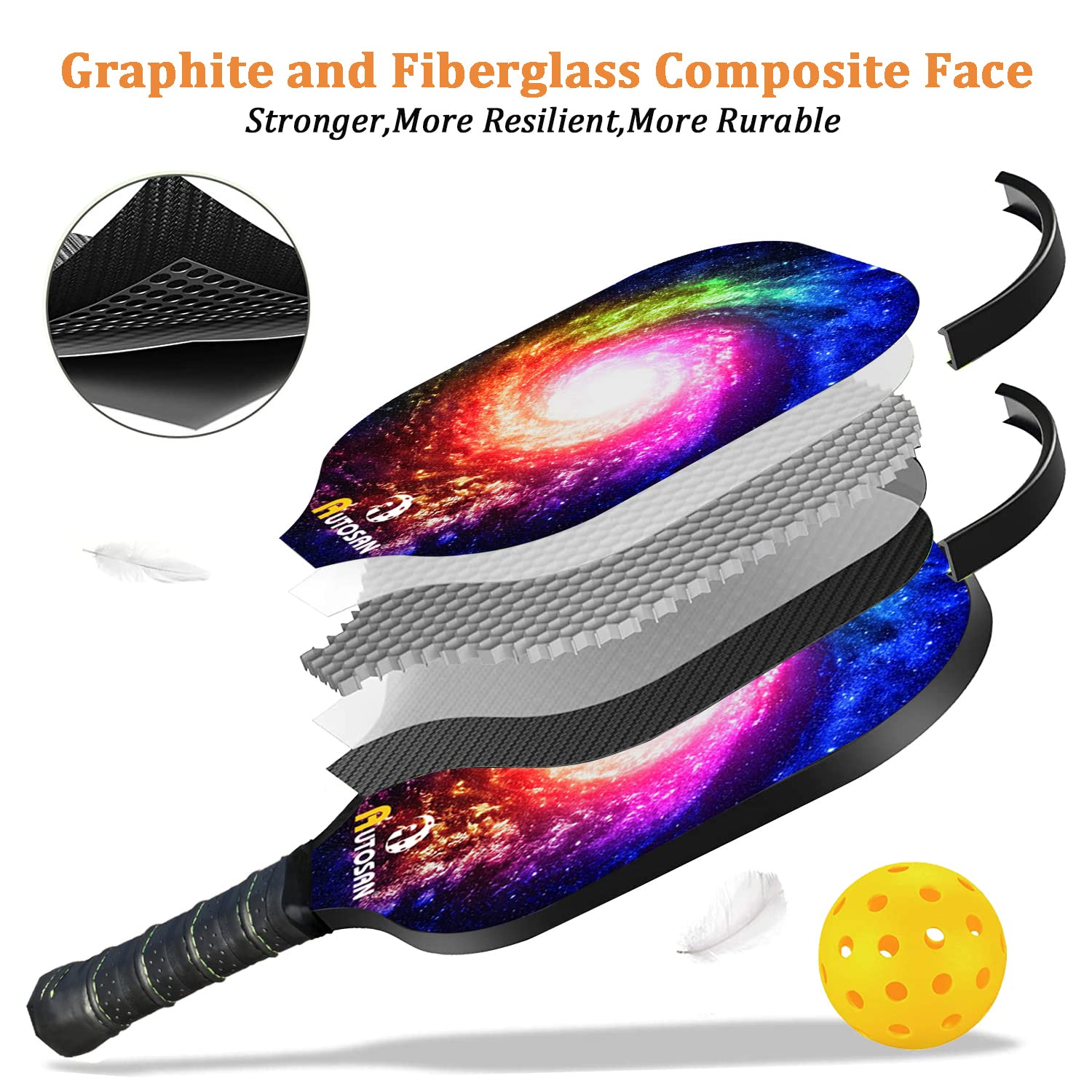 AUTOSAN Pickleball Paddle Graphite and Fiberglass Composite Face & Aramid Honeycomb Core,EdgeSentry Protect Pickleball Paddle with Cover,Rule Ebook,Lightweight 7.2-7.5OZ,Indoor Outdoor,Kid,Men Women