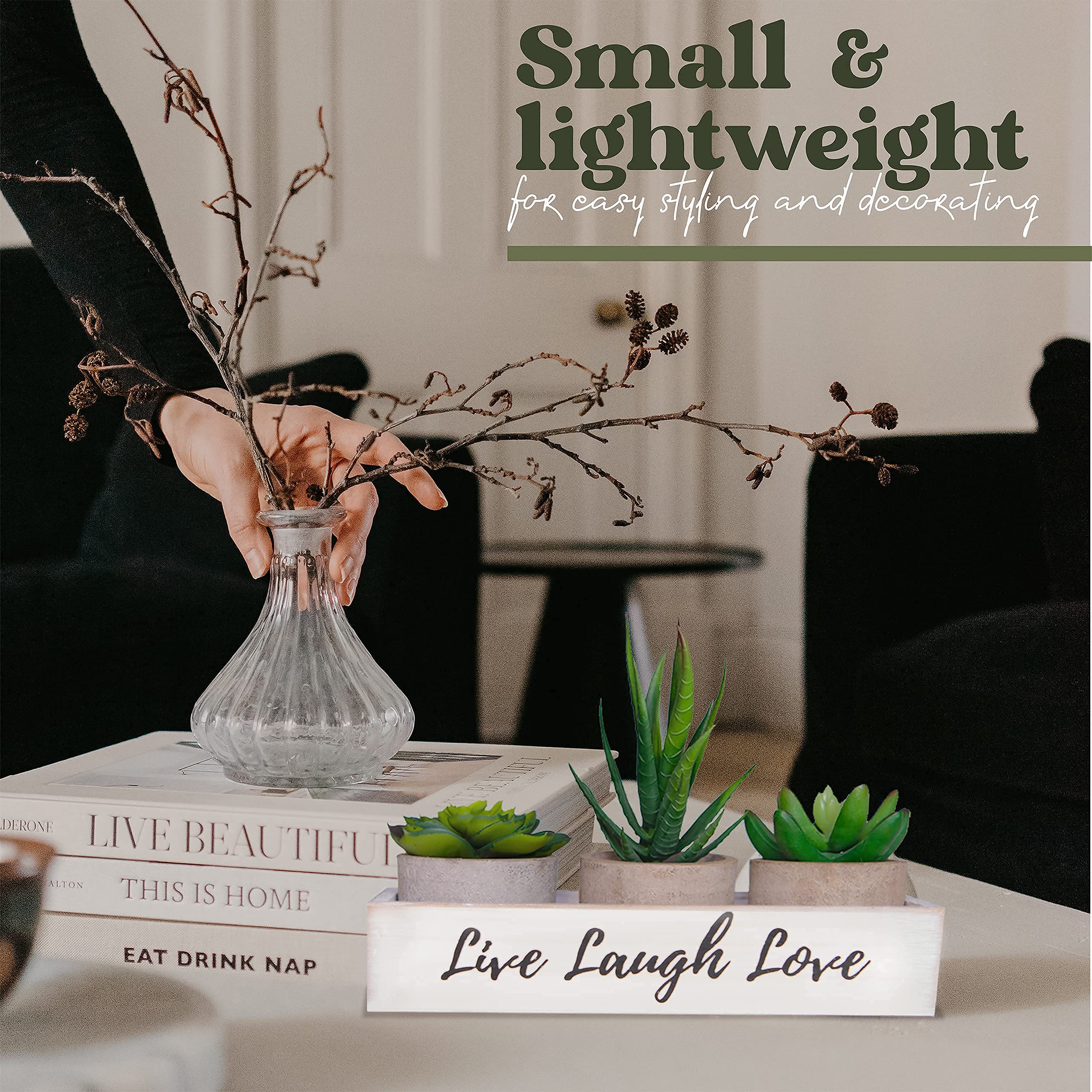 Artificial Succulent Plants with Pots with White Planter Box Home Sweet Home Live Laugh Love Realistic Greenery Mini Faux Plant Arrangements for Home Decor Office Table Bathroom Kitchen Dorm
