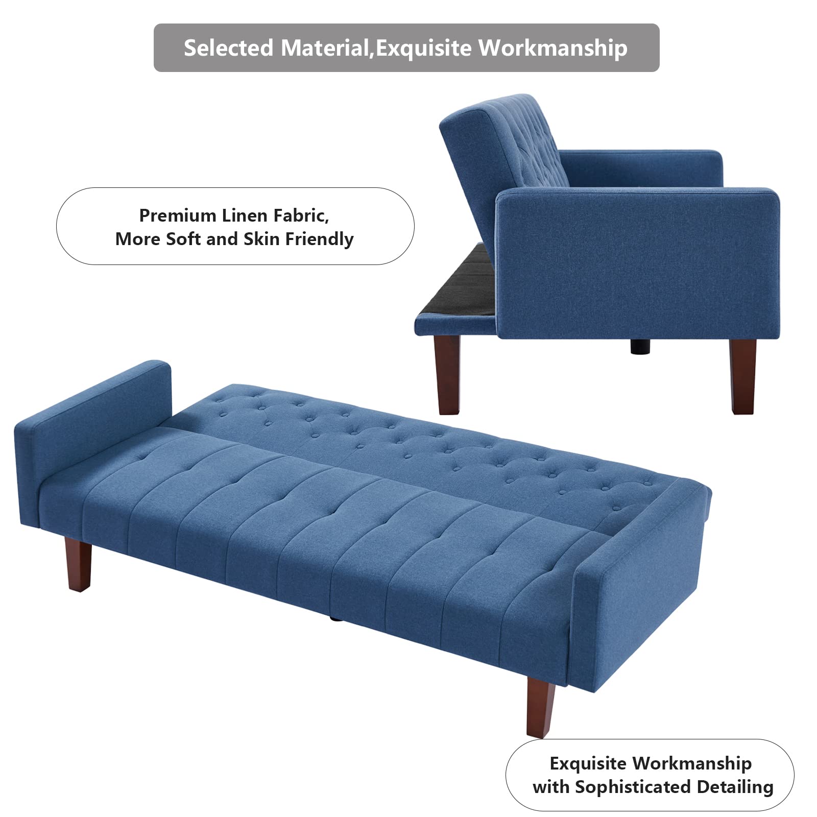 mikibama Tufted Linen Futon Sofa Couch Bed for Living Room Convertible Fabric Blue Upholstered Sleeper Futon Guest Bed Twin Size with Solid Wood Legs for Small Spaces