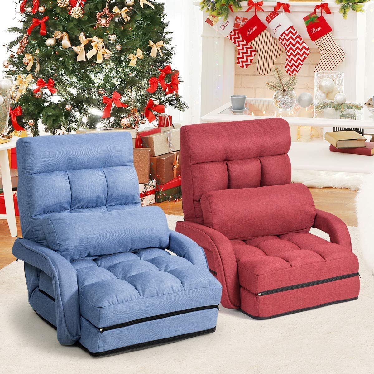 LUARANE Adjustable Massage Floor Sofa Chair, Foldable Lazy Sofa with 5-Position Adjustable Backrest Lumbar Pillow Armrests, Indoor Lounger Bed for Bedroom Living Room (Blue)